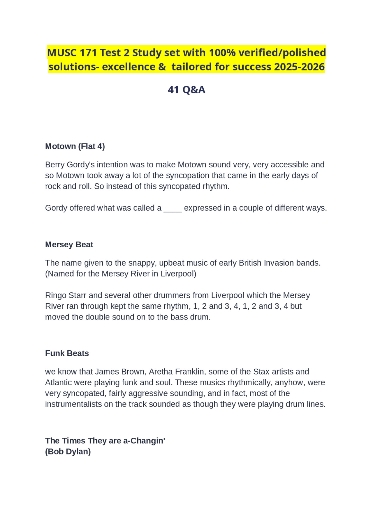 MUSC 171 Test 2 Study set with 100% verified/polished solutions ...