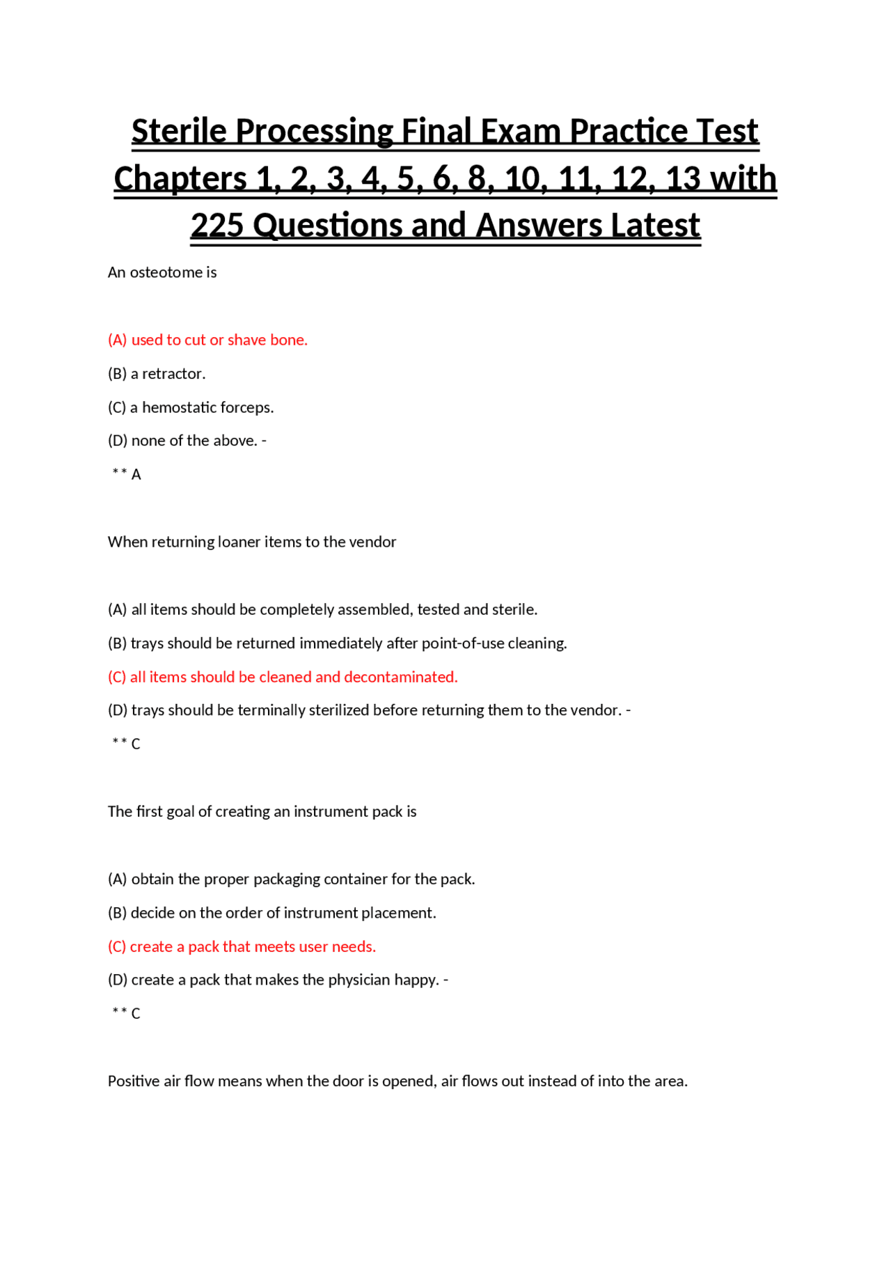 Sterile Processing Final Exam Practice Test Chapters 1, 2, 3, 4, 5, 6 ...