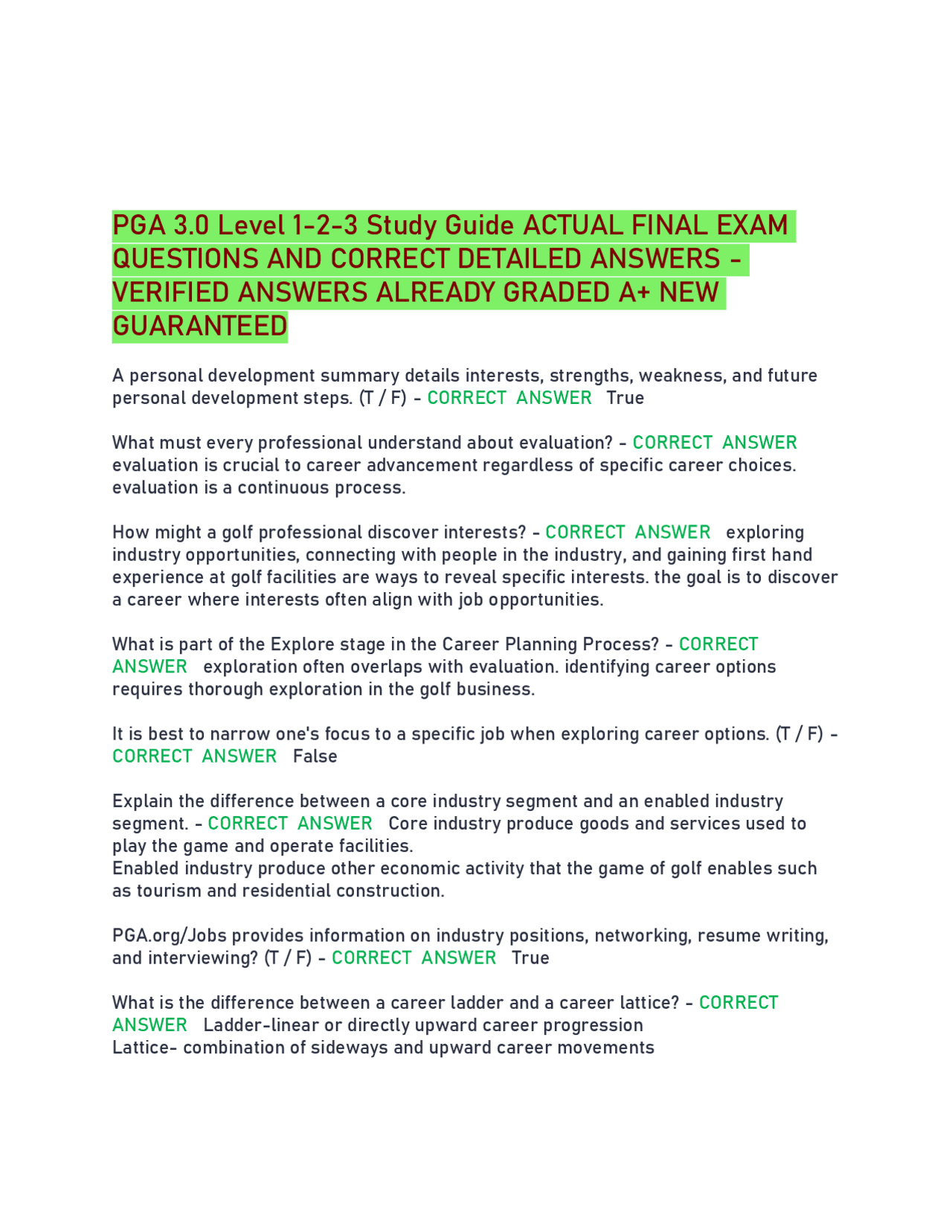 PGA 3.0 Level 1-2-3 Study Guide ACTUAL FINAL EXAM QUESTIONS AND CORRECT DETAILED ANSWERS | Exams ...