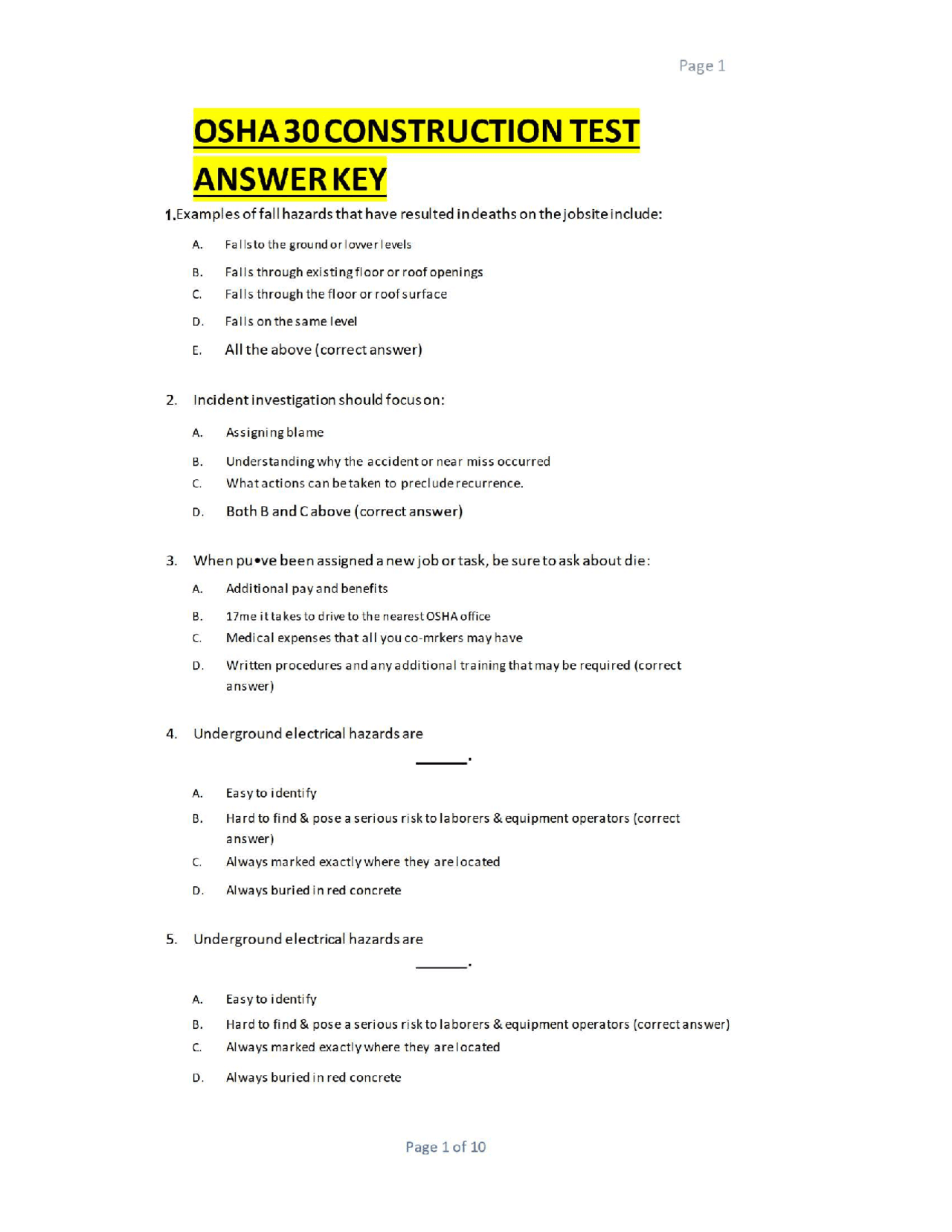 OSHA 30 CONSTRUCTION TEST ANSWER KEY | Exams Construction | Docsity