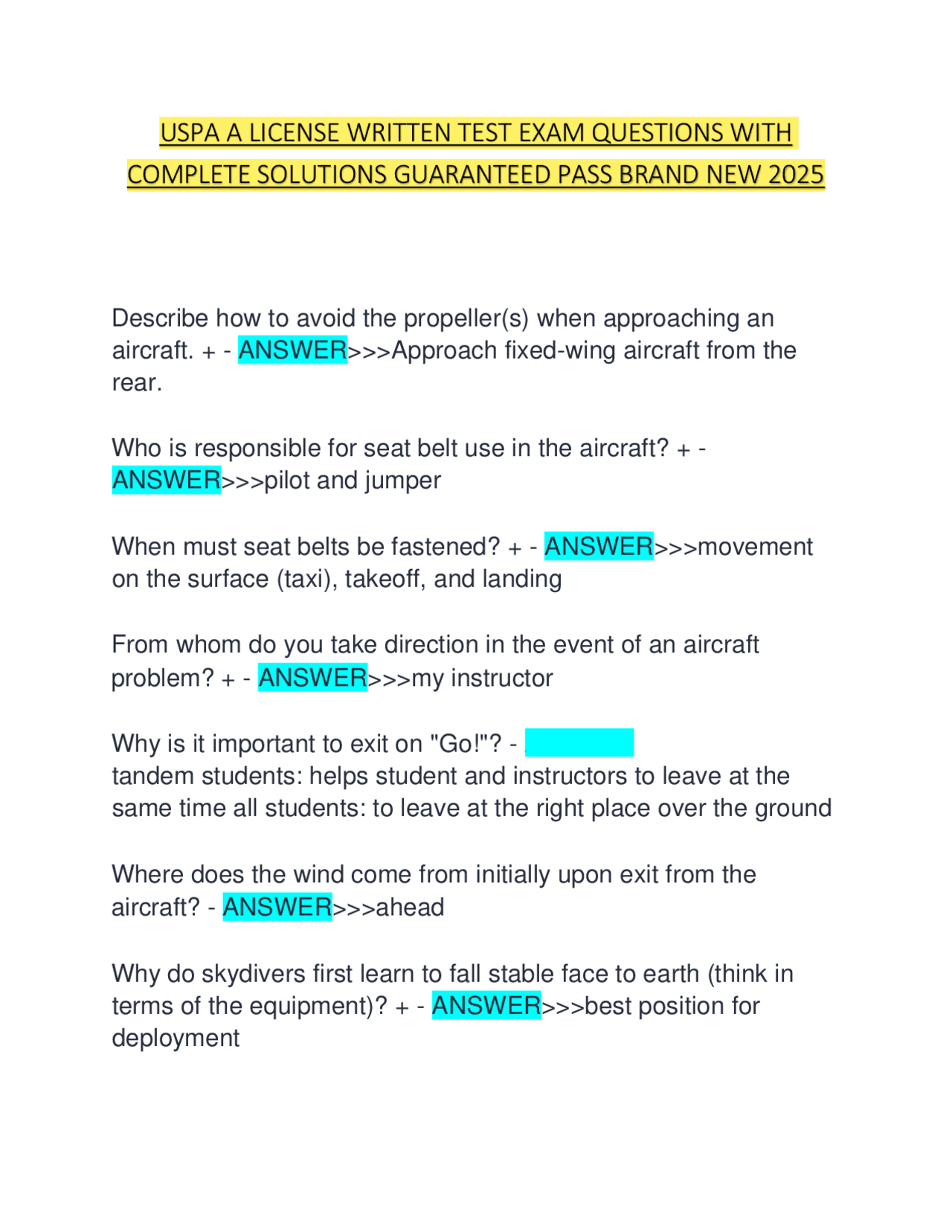 USPA A LICENSE WRITTEN TEST EXAM QUESTIONS WITH COMPLETE SOLUTIONS ...