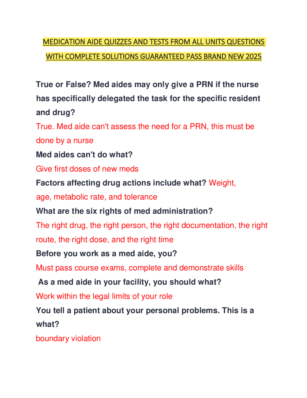 MEDICATION AIDE QUIZZES AND TESTS FROM ALL UNITS QUESTIONS WITH ...