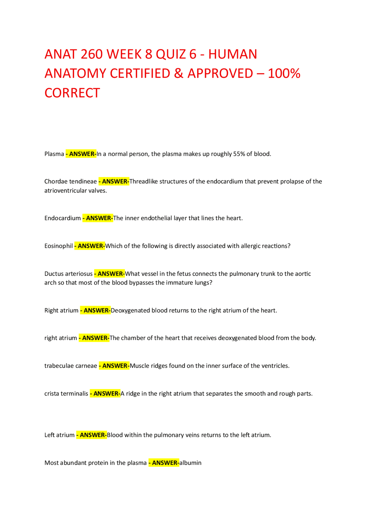 ANAT 260 WEEK 8 QUIZ 6 - HUMAN ANATOMY CERTIFIED & APPROVED – 100% ...