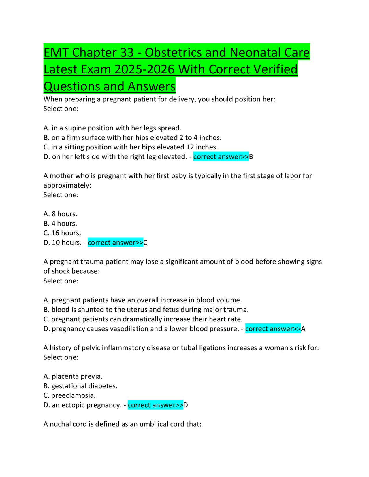 EMT Chapter 33 - Obstetrics and Neonatal Care Latest Exam 2025-2026 ...