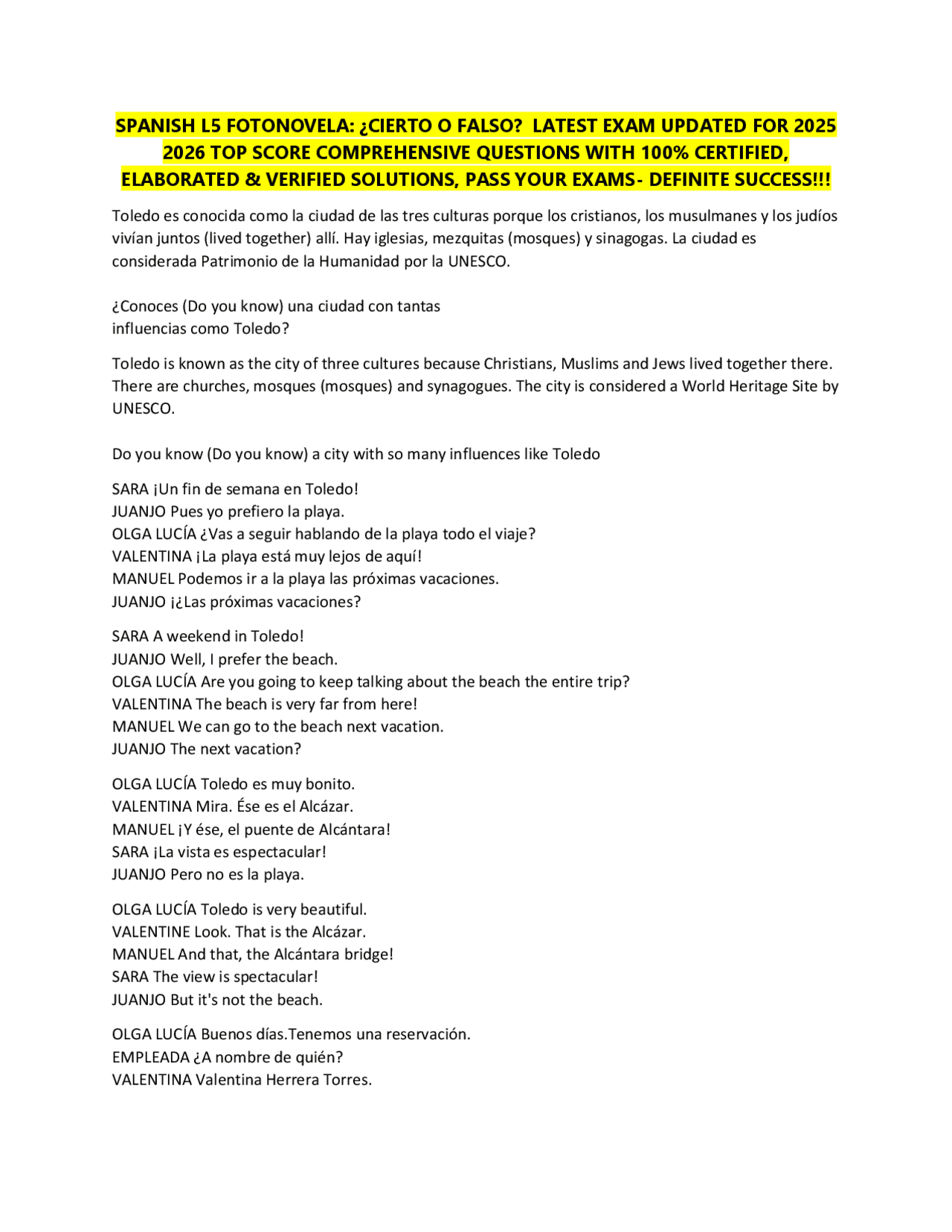 SPANISH L5 FOTONOVELA: ¿CIERTO O FALSO? LATEST EXAM UPDATED FOR 2025 ...
