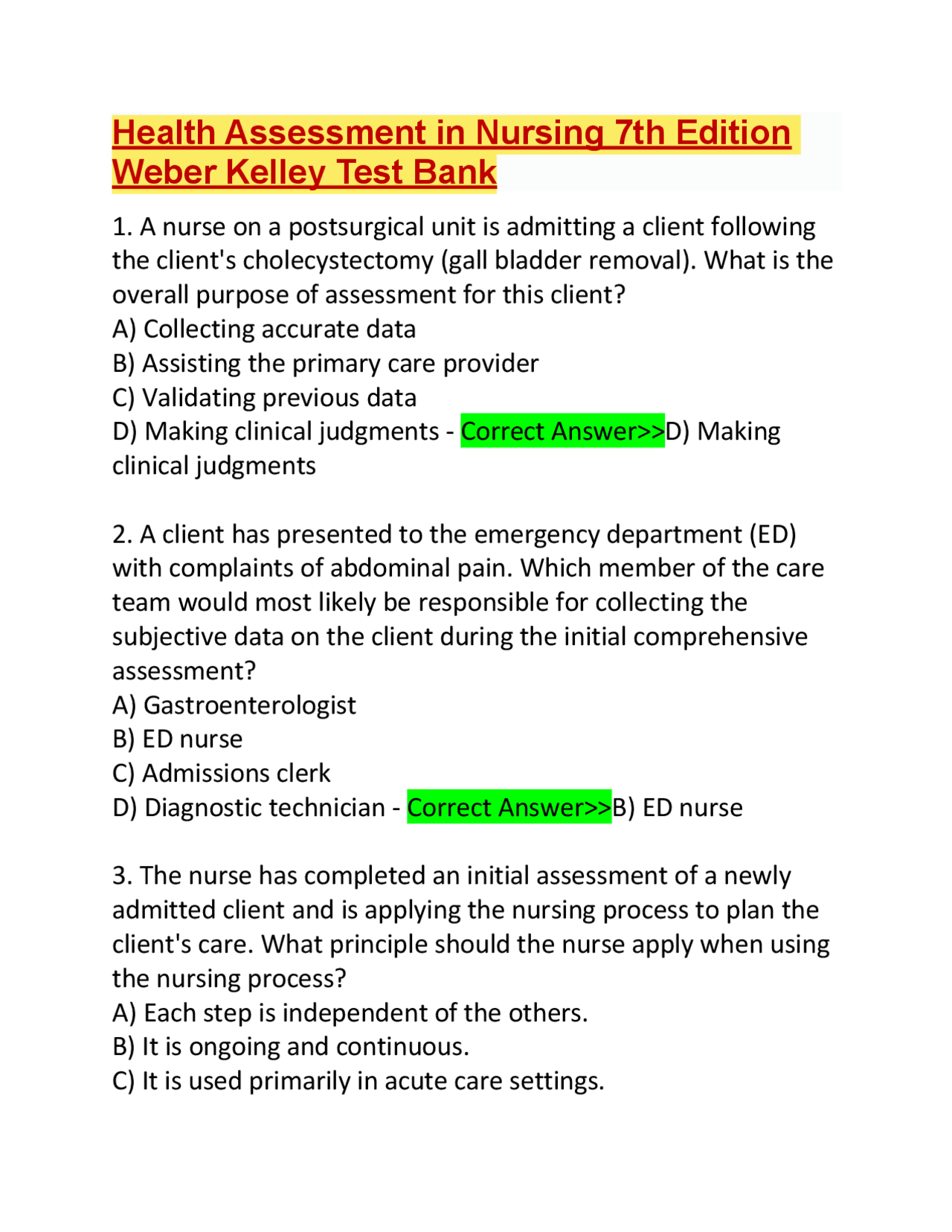 Health Assessment in Nursing 7th Edition Weber Kelley Test Bank | Exams ...