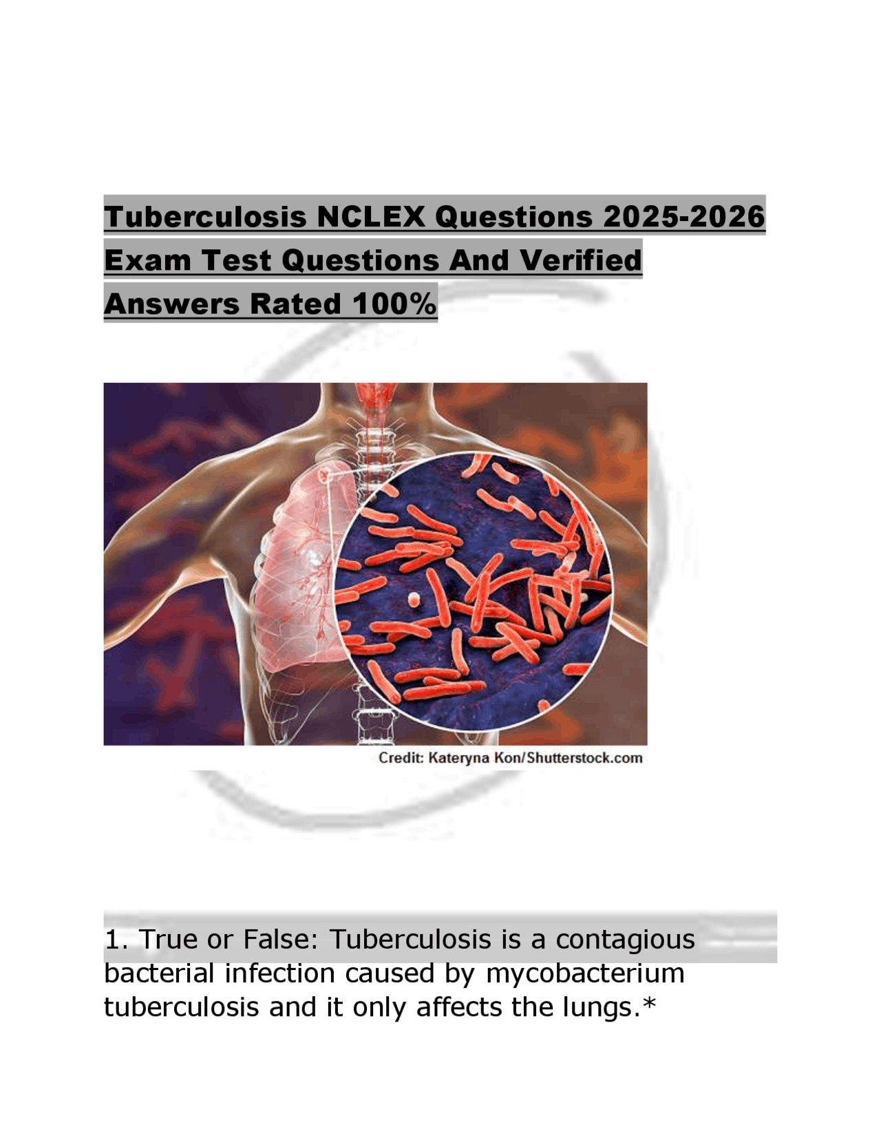 Tuberculosis NCLEX Questions 2025-2026 Exam Test Questions And Verified ...