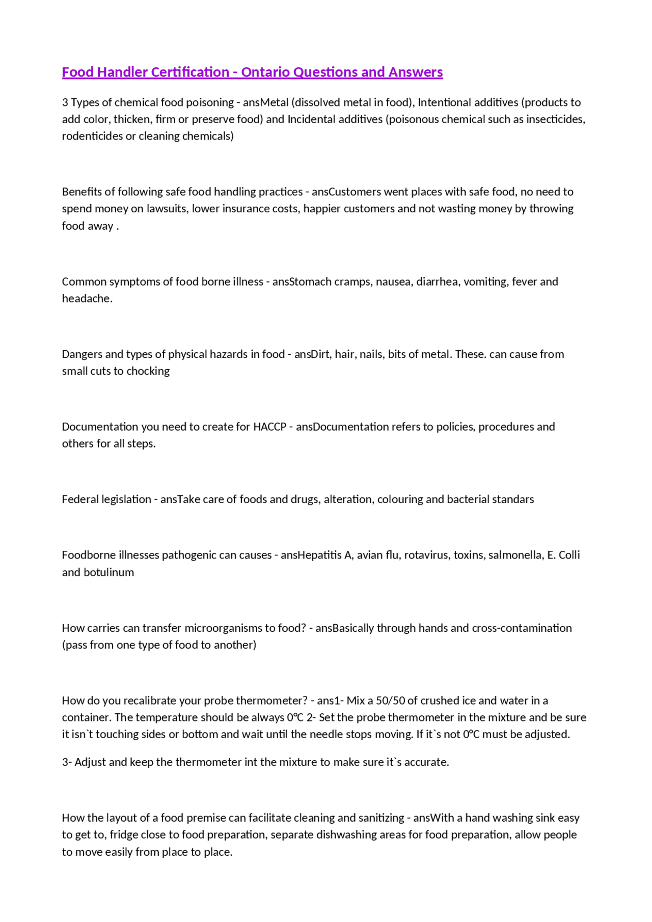 Food Handler Certification - Ontario Questions and Answers | Exercises ...