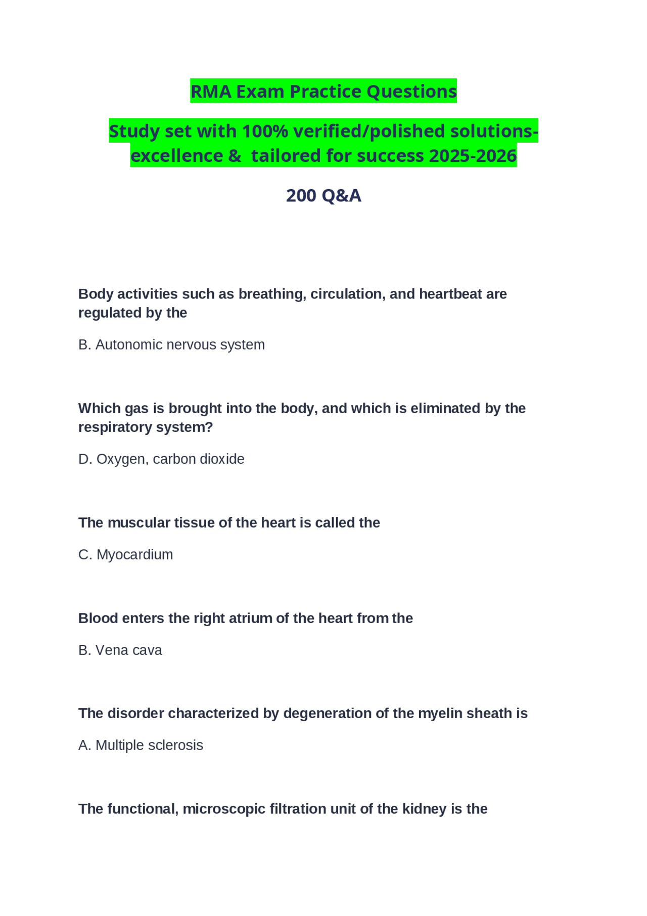 RMA Exam Practice Questions Study set with 100% verified/polished ...