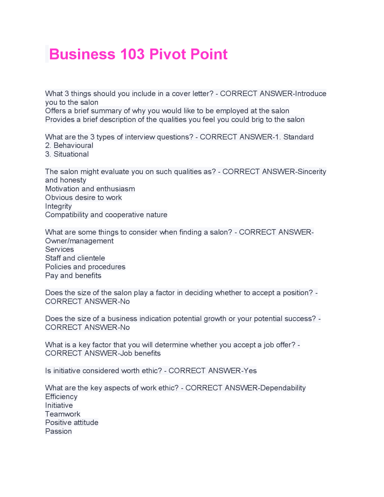Business 103 Pivot Point Questions & Answers Already Graded A+ | Exams ...