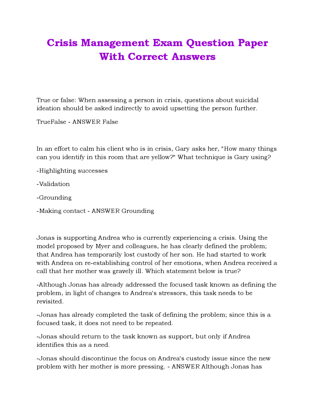 Crisis Management Exam Question Paper With Correct Answers | Exams ...