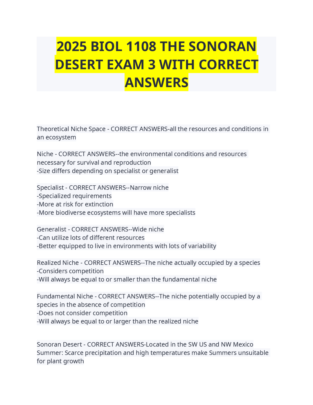 2025 BIOL 1108 THE SONORAN DESERT EXAM 3 WITH CORRECT ANSWERS | Exams ...
