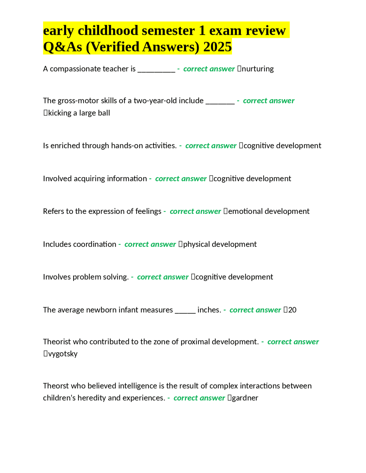 early childhood semester 1 exam review Q&As (Verified Answers) 2025 | Exams Childhood ...