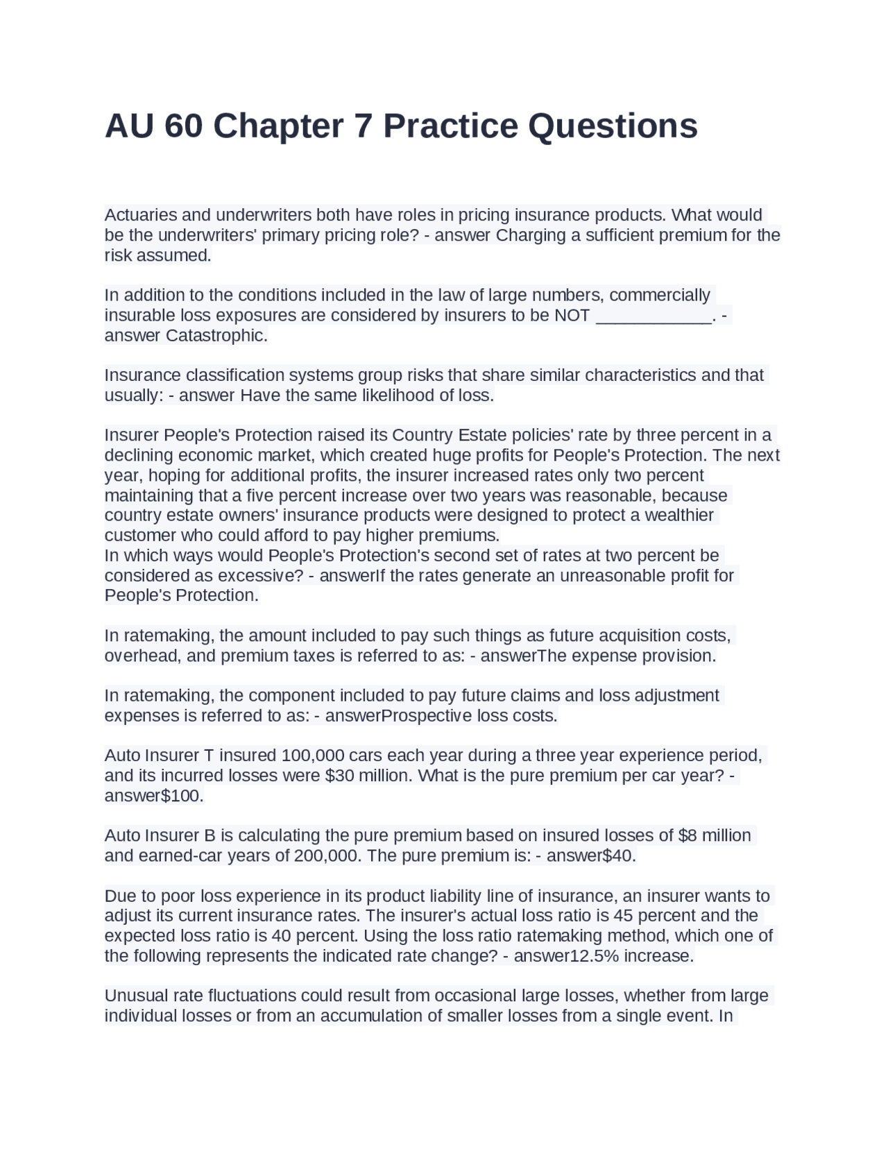 AU 60 Chapter 7 Practice Questions with Correct Answers | Exams Advanced Education | Docsity