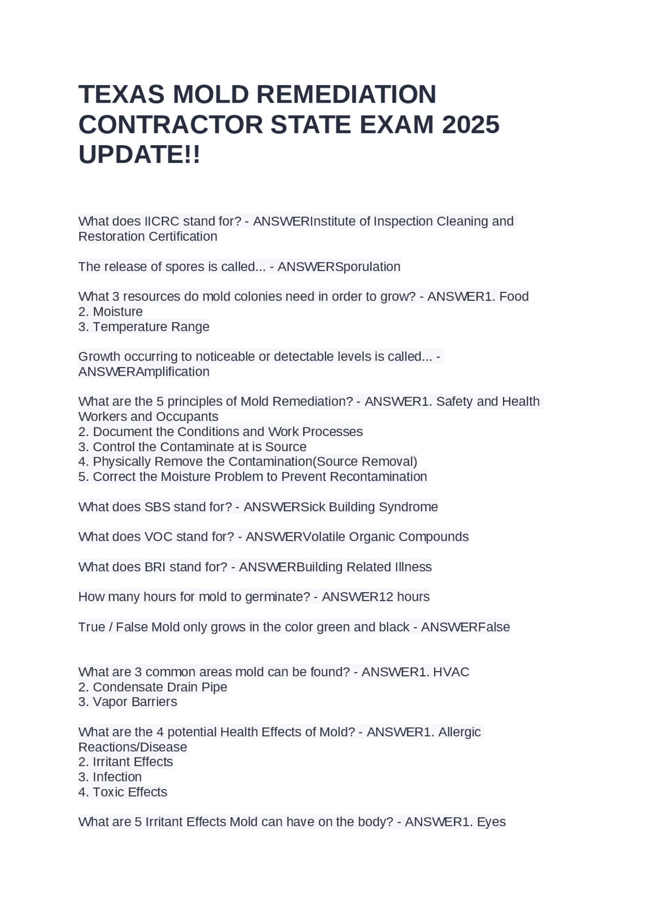 TEXAS MOLD REMEDIATION CONTRACTOR STATE EXAM 2025 UPDATE!! | Exams ...