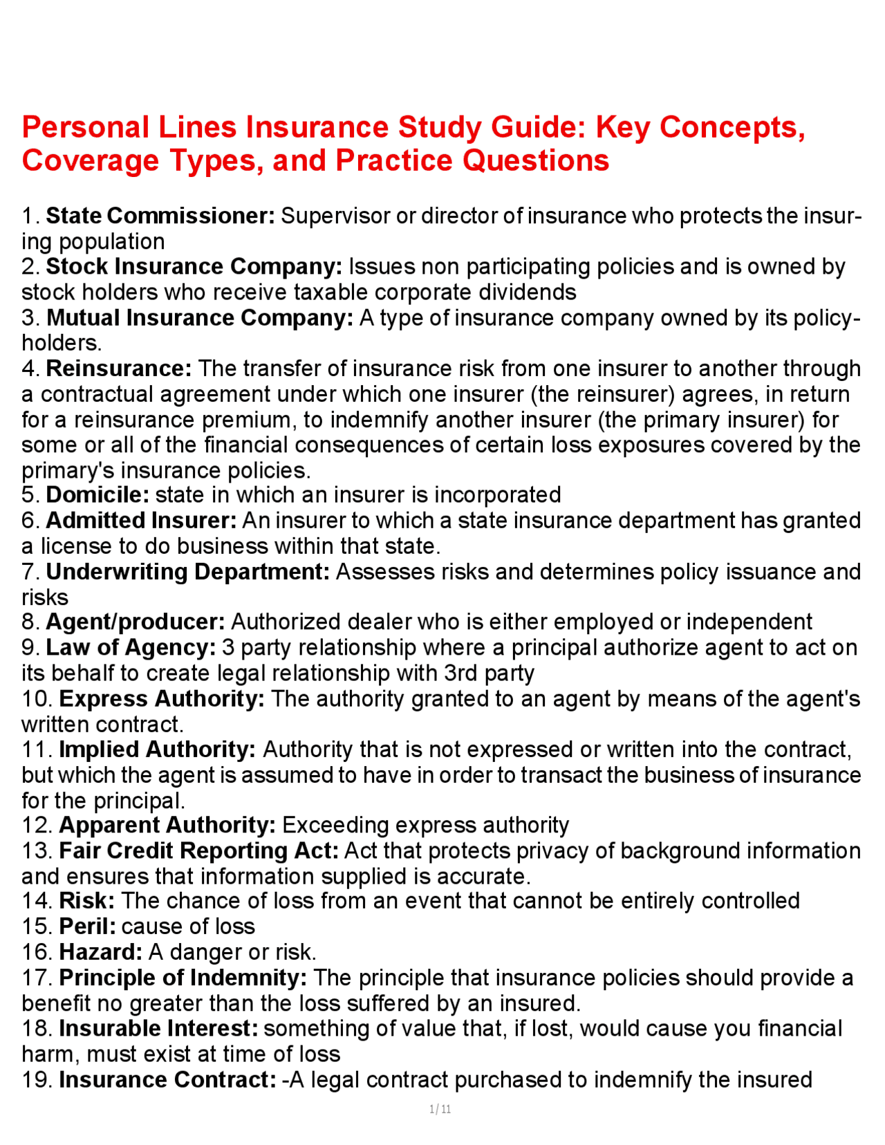 Personal Lines Insurance Study Guide Key Concepts, Coverage Types, and ...