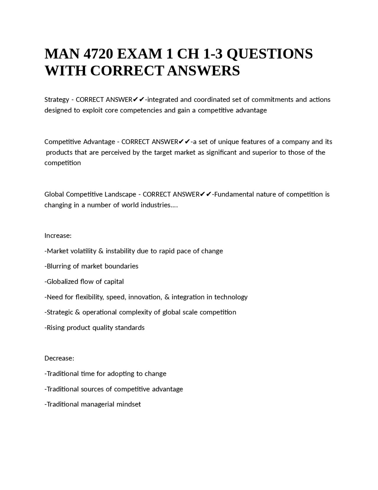 MAN 4720 EXAM 1 CH 1-3 QUESTIONS WITH CORRECT ANSWERS | Exams Nursing | Docsity
