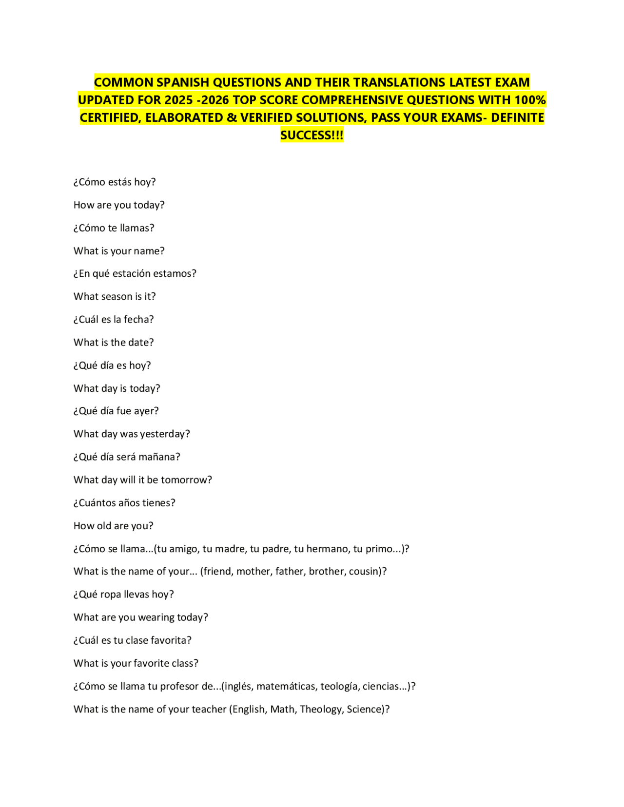 COMMON SPANISH QUESTIONS AND THEIR TRANSLATIONS LATEST EXAM UPDATED FOR ...