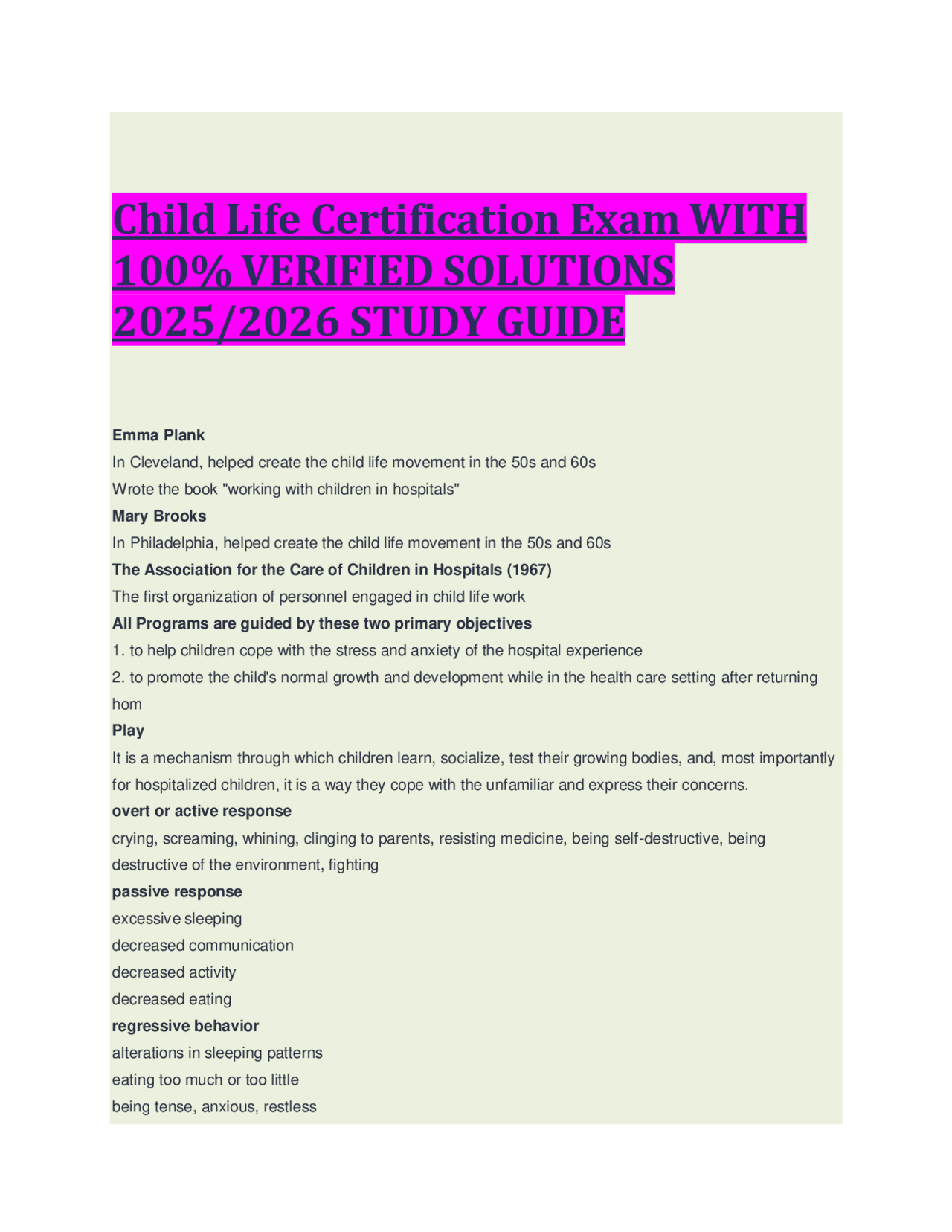 Child Life Certification Exam WITH 100% VERIFIED SOLUTIONS 2025/2026 ...