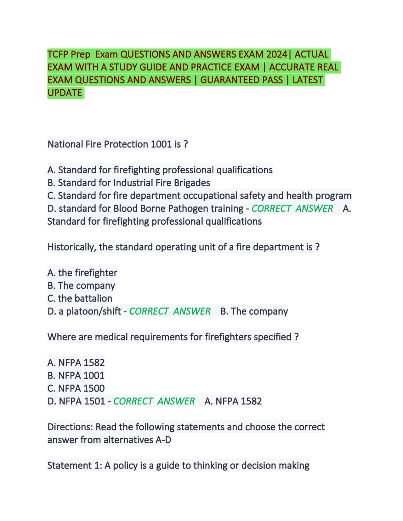 TCFP Prep Exam QUESTIONS AND ANSWERS EXAM 2024| ACTUAL EXAM WITH A ...