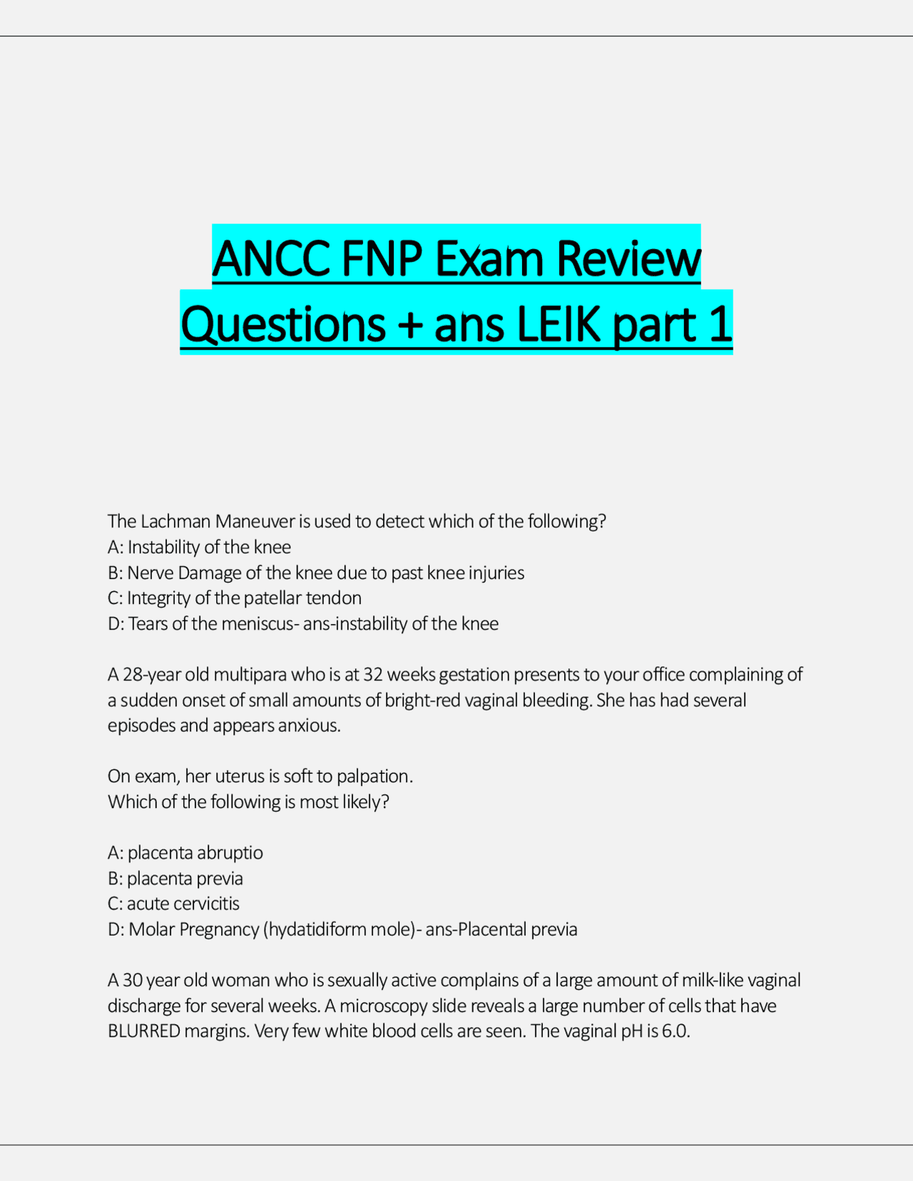 ANCC FNP Exam Review Questions + ans LEIK part 1.pdf | Exams Nursing ...