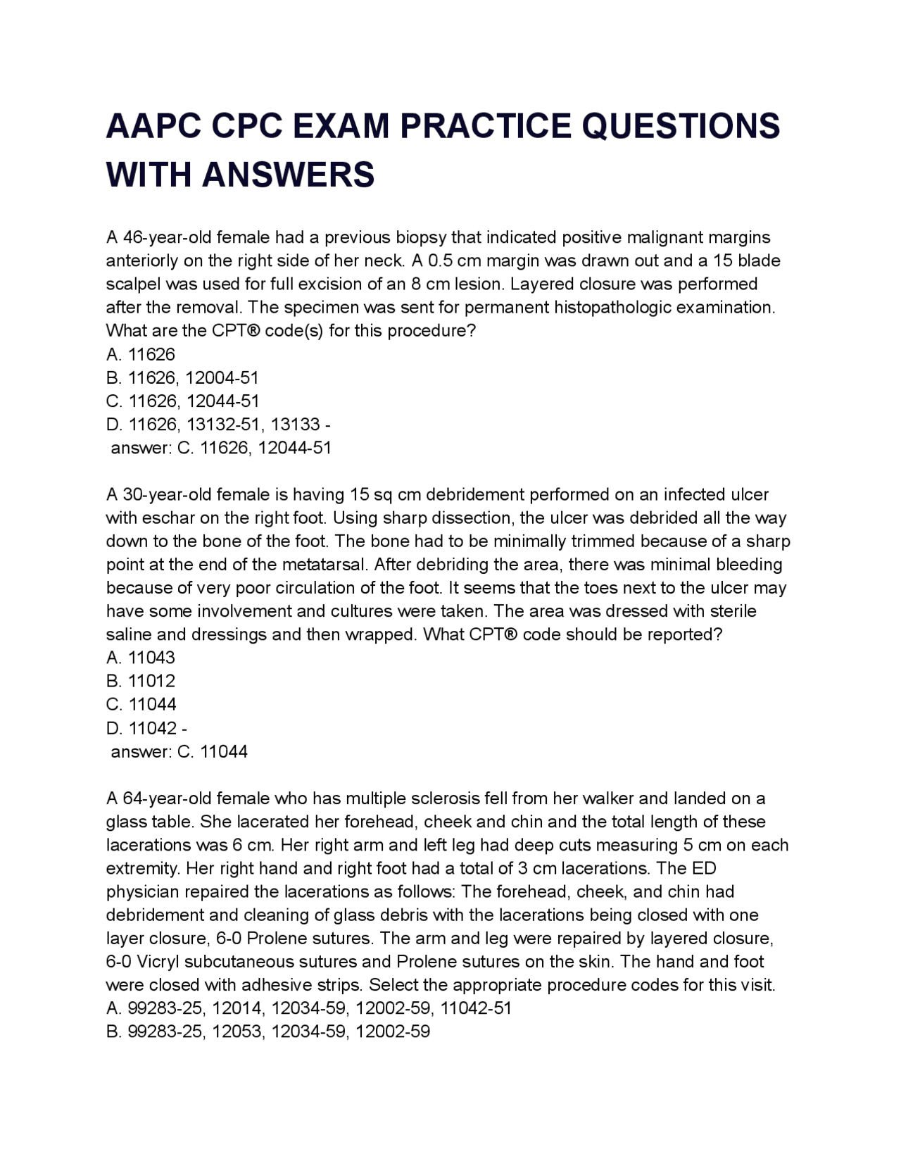 AAPC CPC EXAM PRACTICE QUESTIONS WITH ANSWERS | Exams Medicine | Docsity