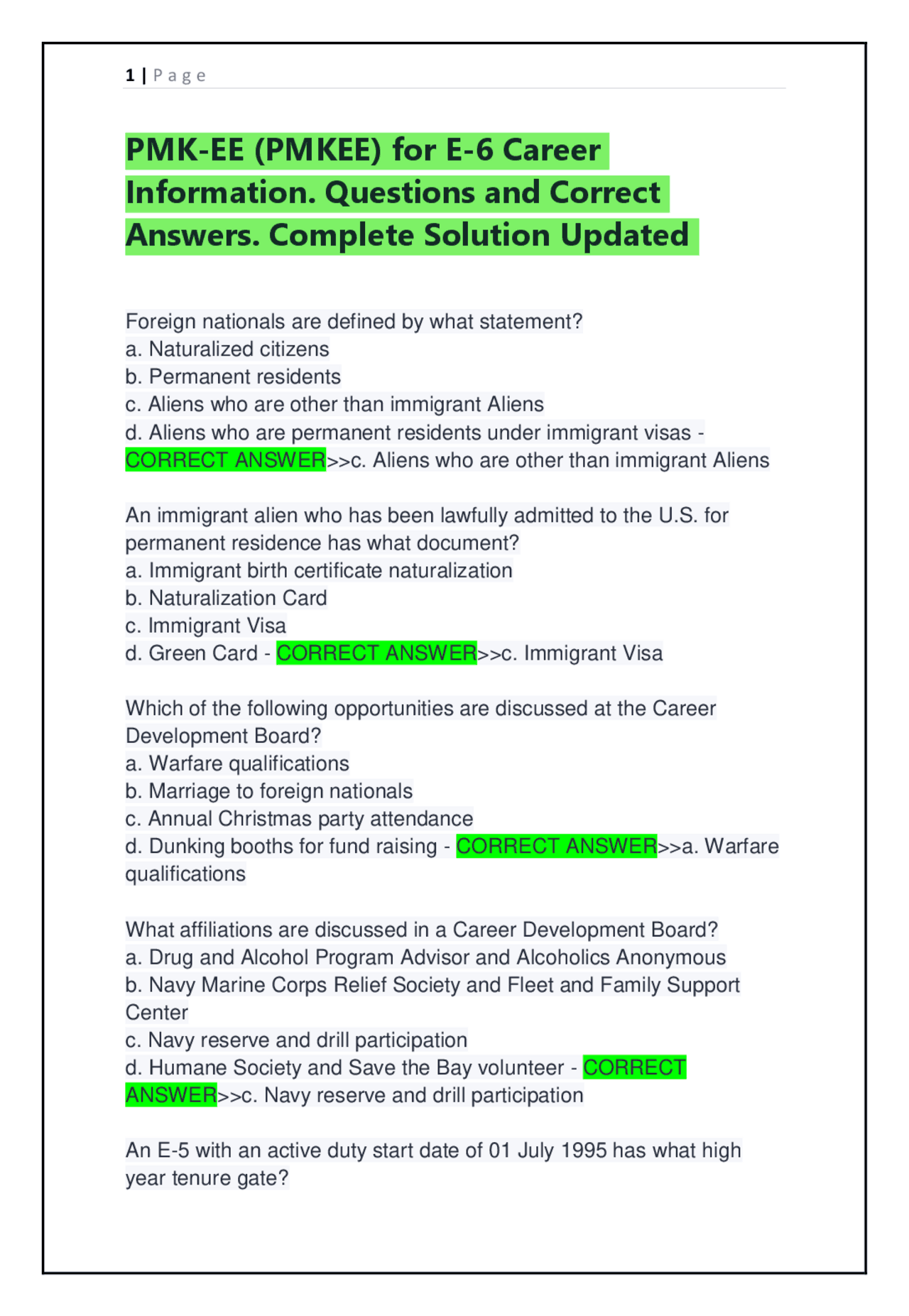 PMK-EE (PMKEE) for E-6 Career Information. Questions and Correct ...