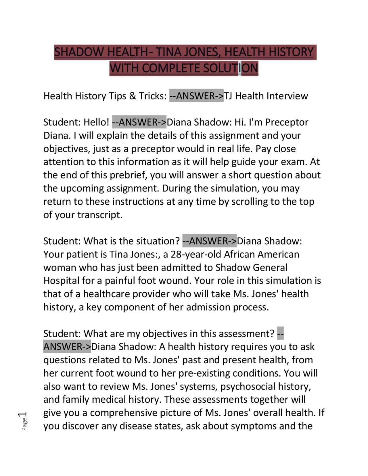 SHADOW HEALTH - TINA JONES, HEALTH HISTORY WITH COMPLETE SOLUTION ...