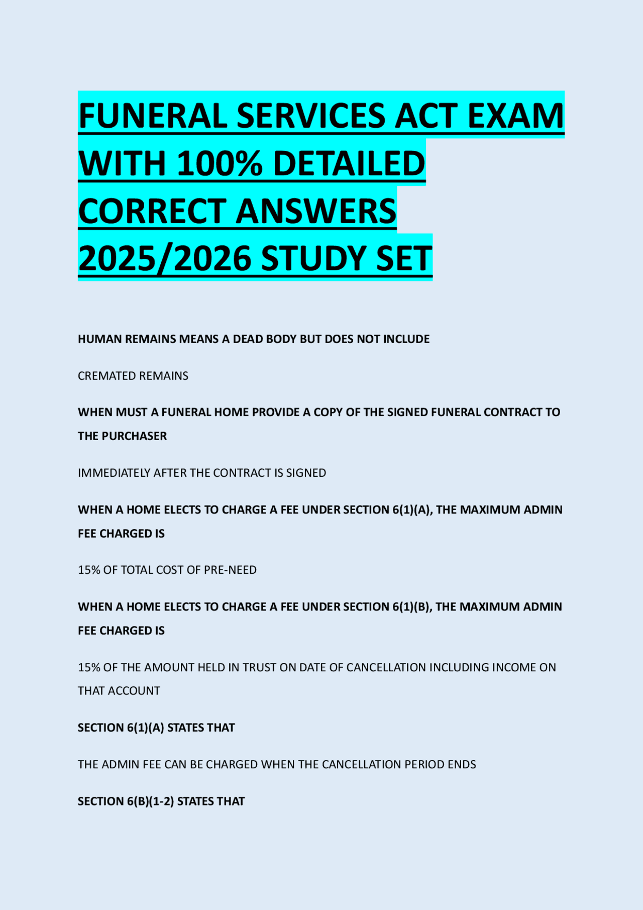 FUNERAL SERVICES ACT EXAM WITH 100% DETAILED CORRECT ANSWERS 2025/2026 ...