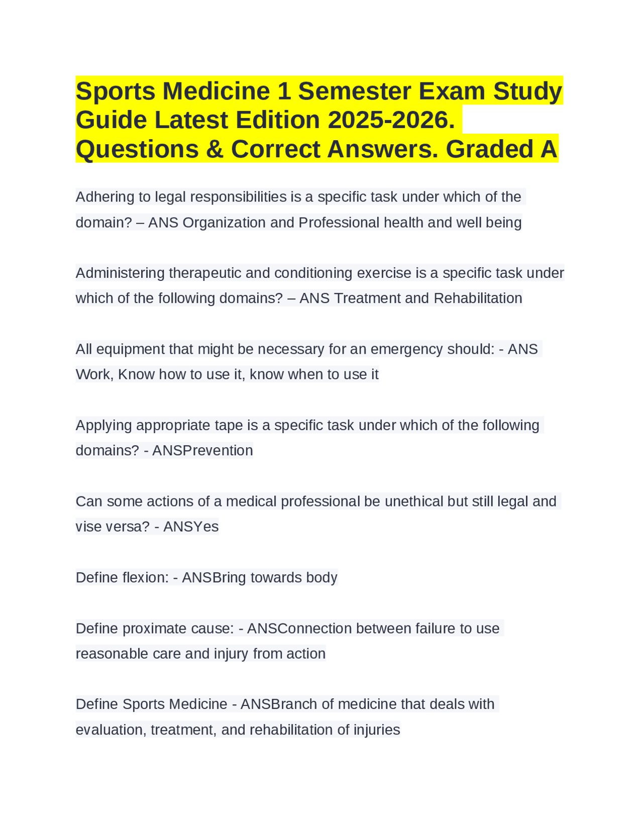 Sports Medicine 1 Semester Exam Study Guide Latest Edition 2025-2026 ...