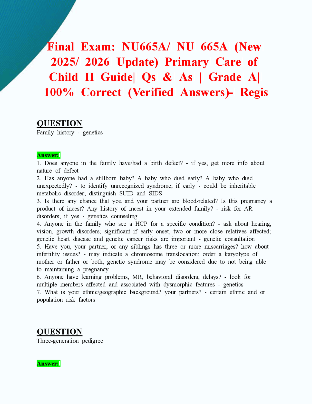 Final Exam: NU665A/ NU 665A (New 2025/ 2026 Update) Guide| Qs & As|100% ...