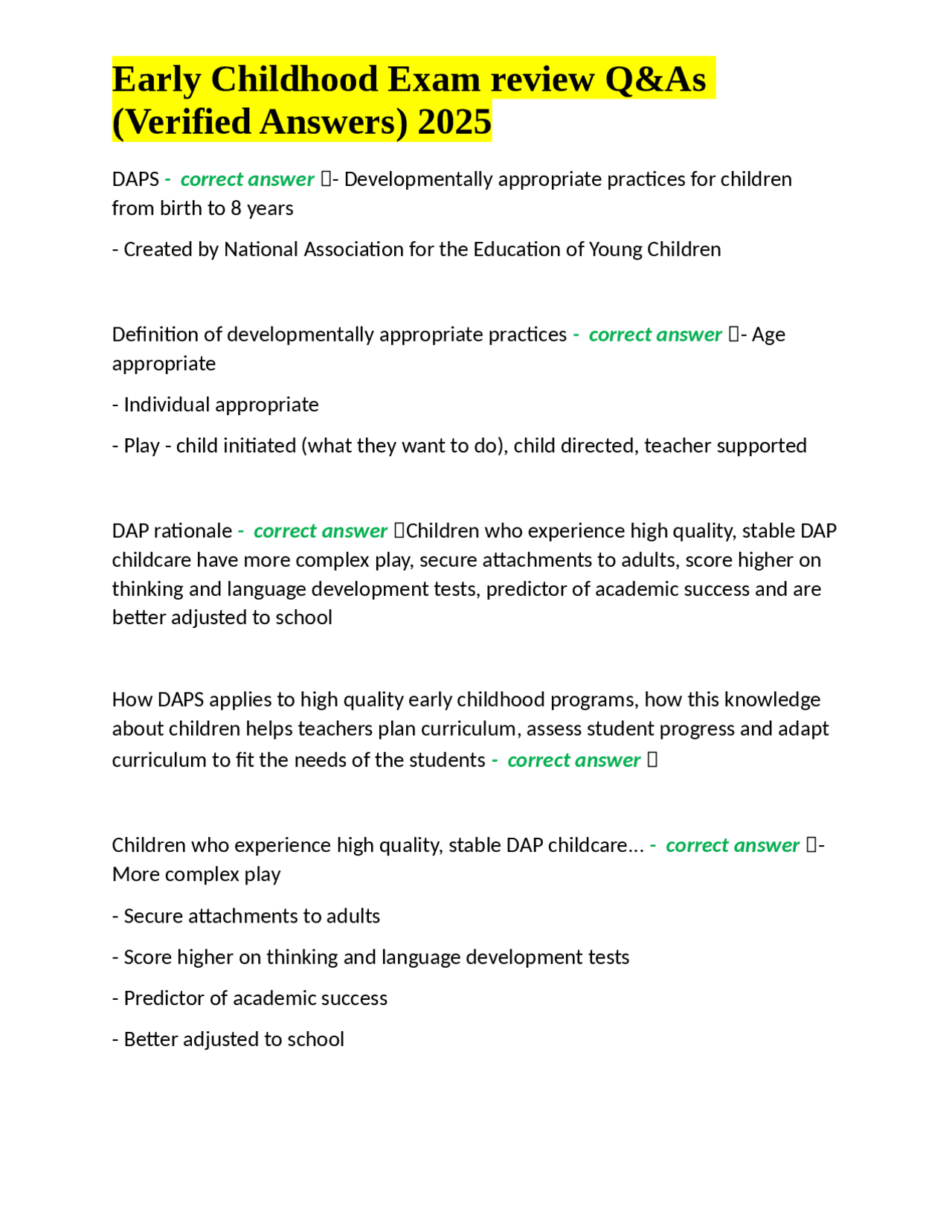 Early Childhood Exam review Q&As (Verified Answers) 2025 | Exams Childhood Development | Docsity