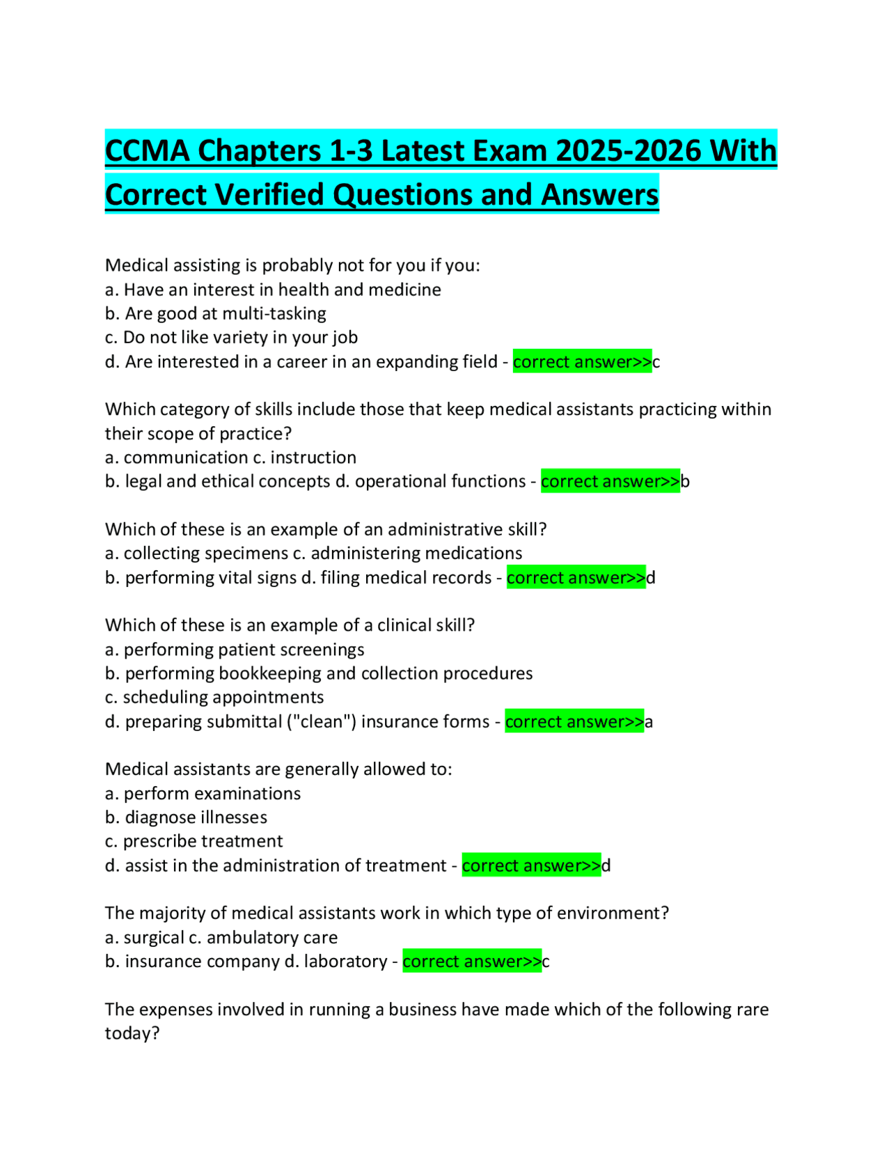 CCMA Chapters 1-3 Latest Exam 2025-2026 With Correct Verified Questions ...