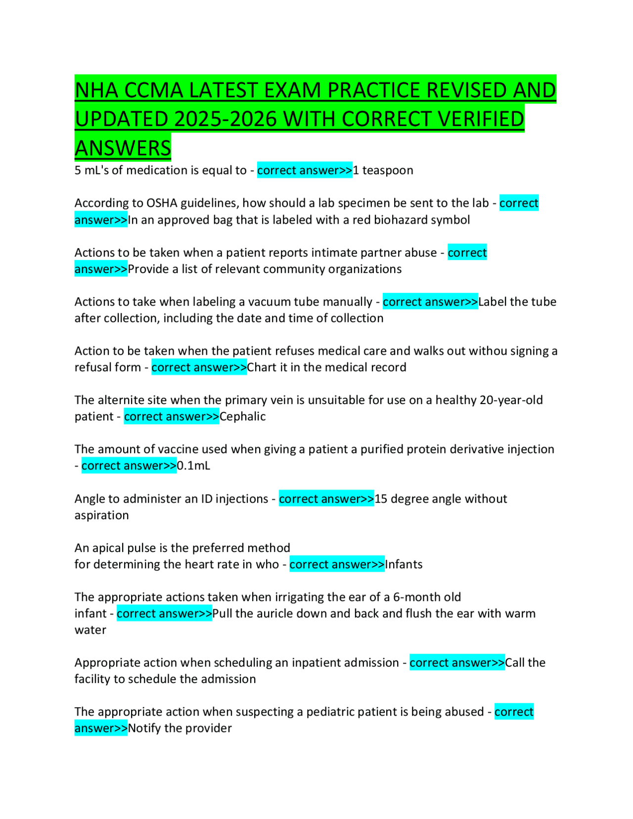 NHA CCMA LATEST EXAM PRACTICE REVISED AND UPDATED 2025-2026 WITH ...