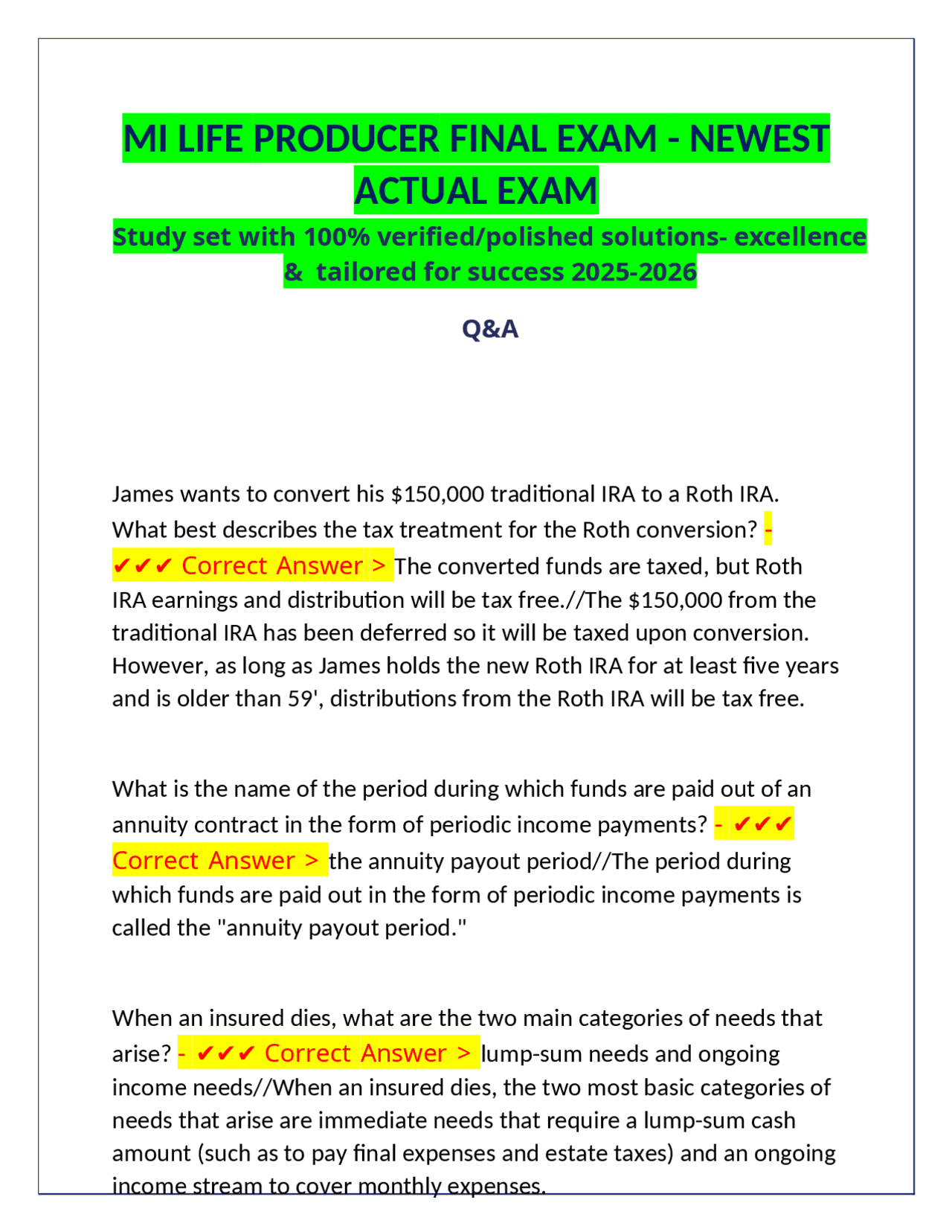 MI LIFE PRODUCER FINAL EXAM - NEWEST ACTUAL EXAM Study set with 100% ...