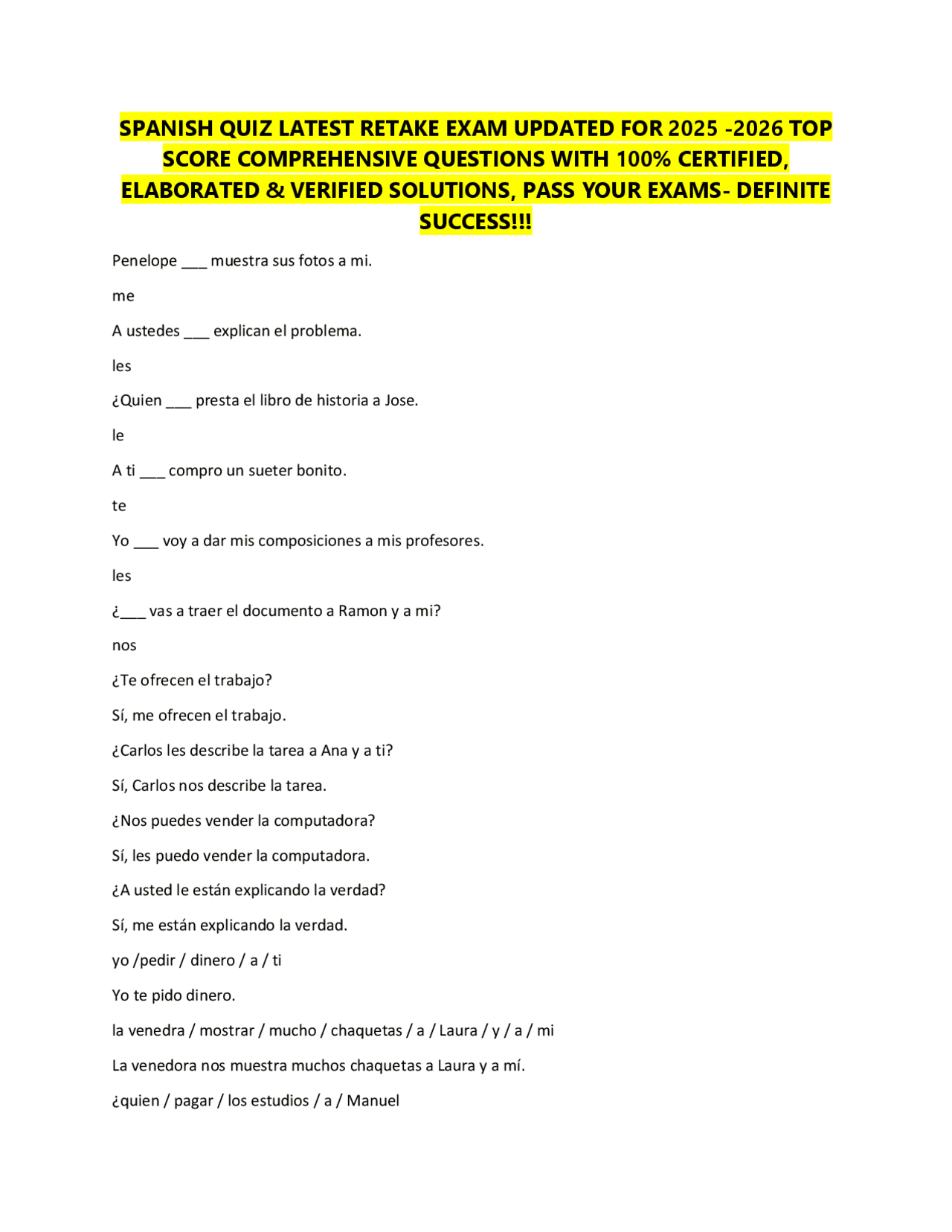 SPANISH QUIZ LATEST RETAKE EXAM UPDATED FOR 2025 -2026 TOP SCORE ...