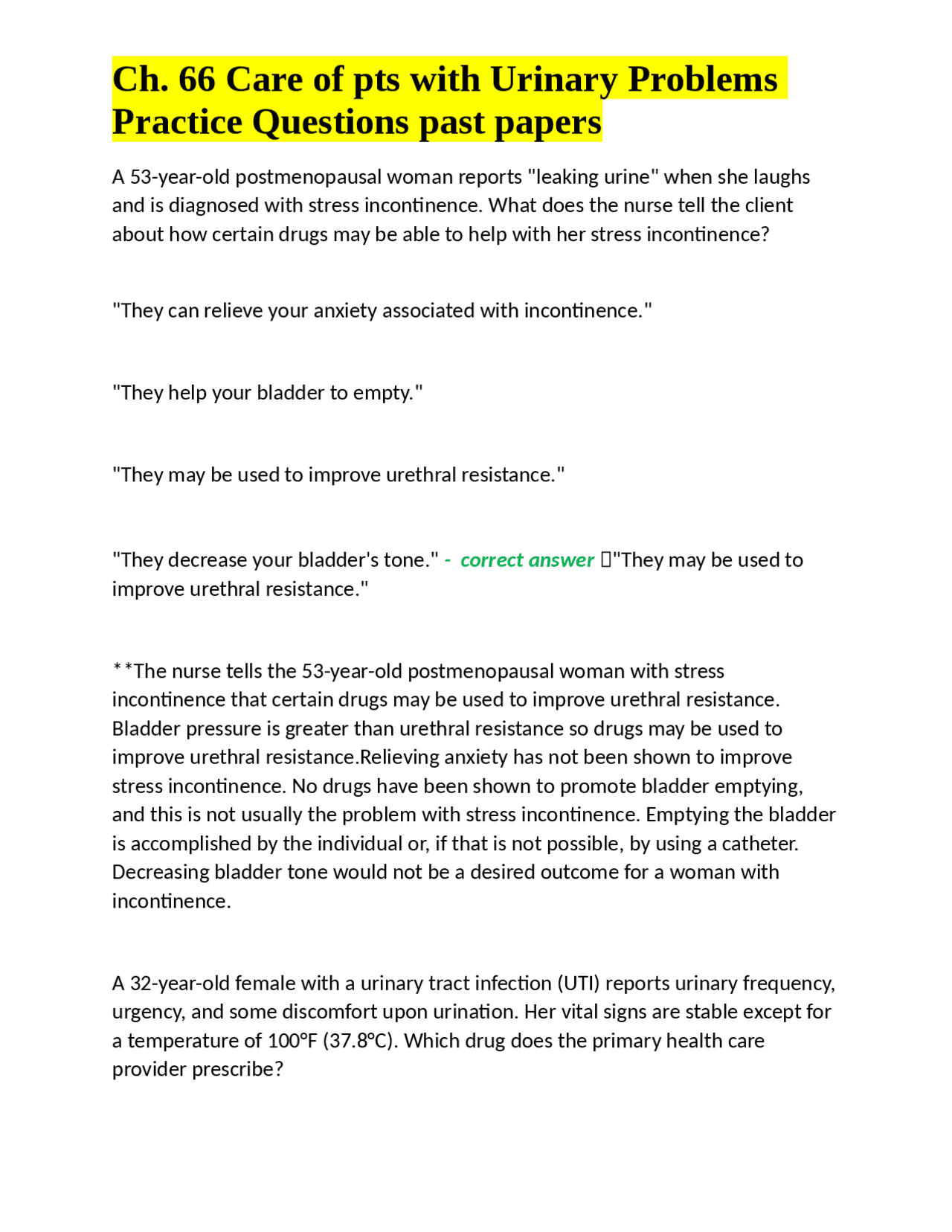 Ch. 66 Care of pts with Urinary Problems Practice Questions past papers ...