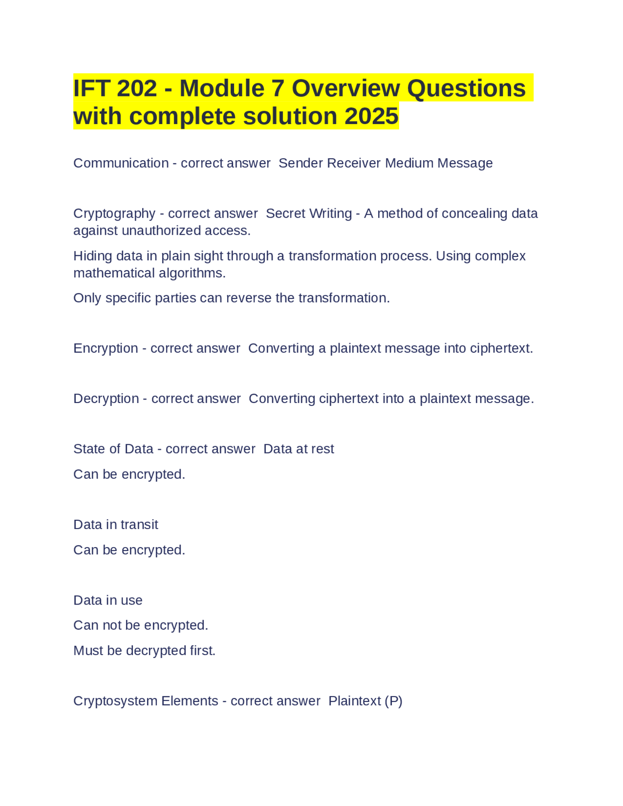 IFT 202 - Module 7 Overview Questions with complete solution 2025 | Exams Aeronautical ...