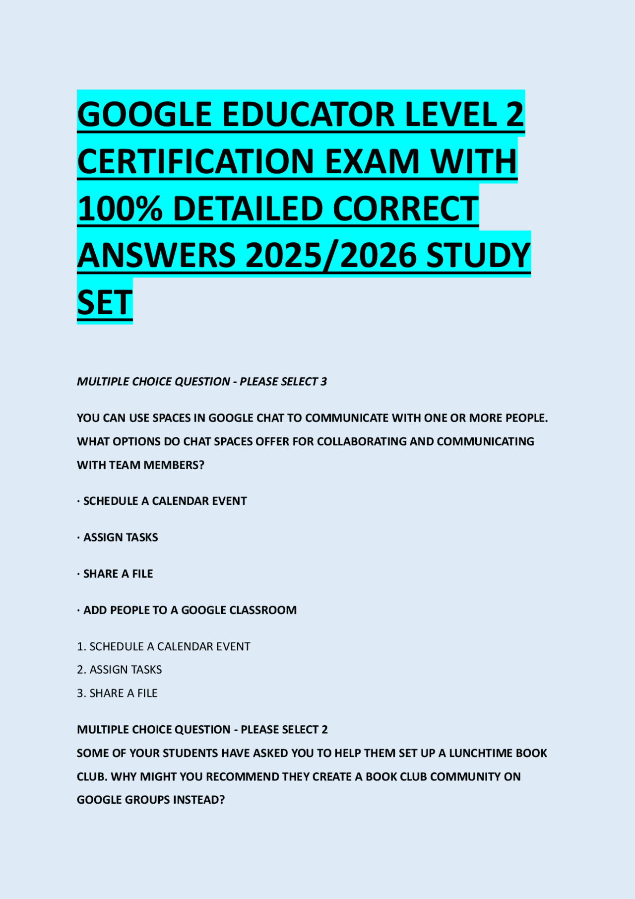 GOOGLE EDUCATOR LEVEL 2 CERTIFICATION EXAM WITH 100% DETAILED CORRECT ...