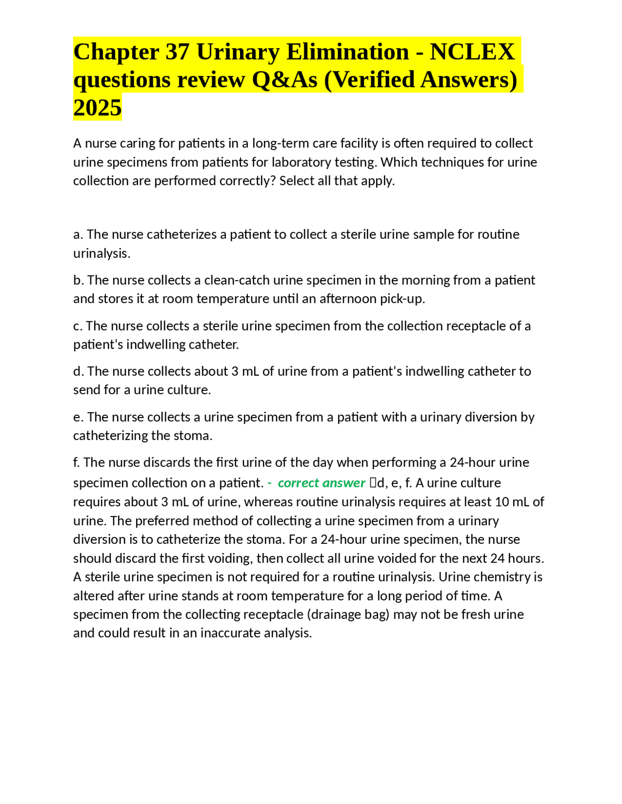 Chapter 37 Urinary Elimination - NCLEX questions review Q&As (Verified ...