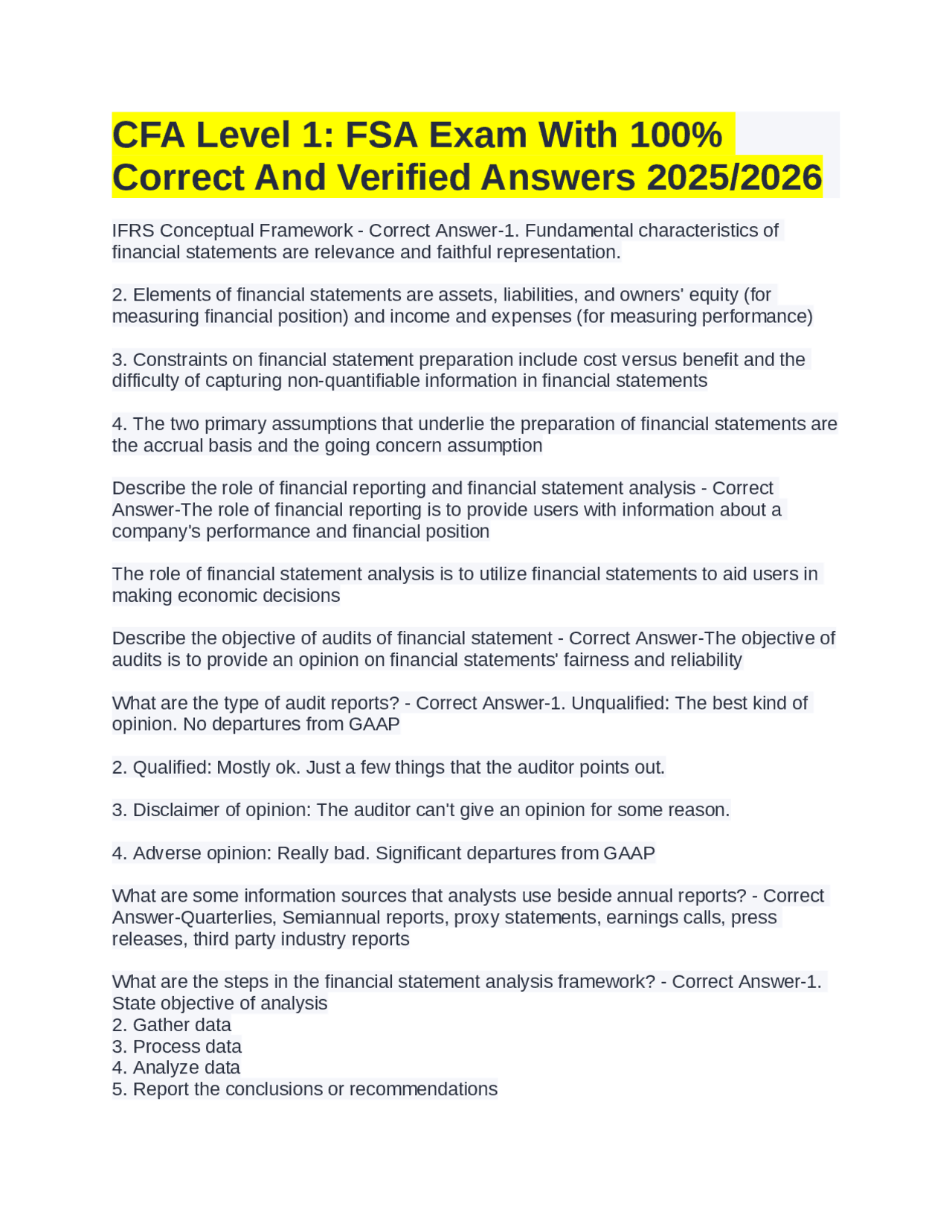 CFA Level 1: FSA Exam With 100% Correct And Verified Answers 2025/2026 ...