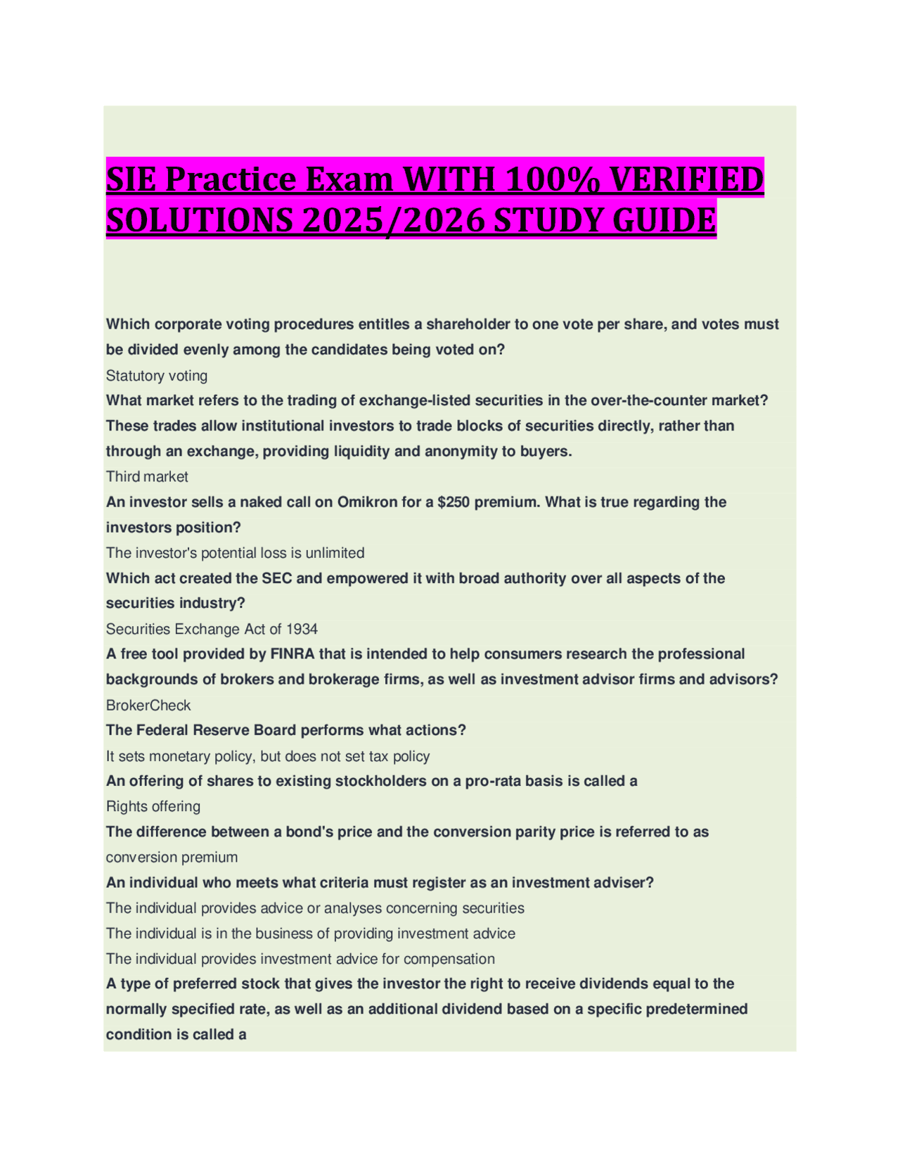 SIE Practice Exam WITH 100% VERIFIED SOLUTIONS 2025/2026 STUDY GUIDE ...