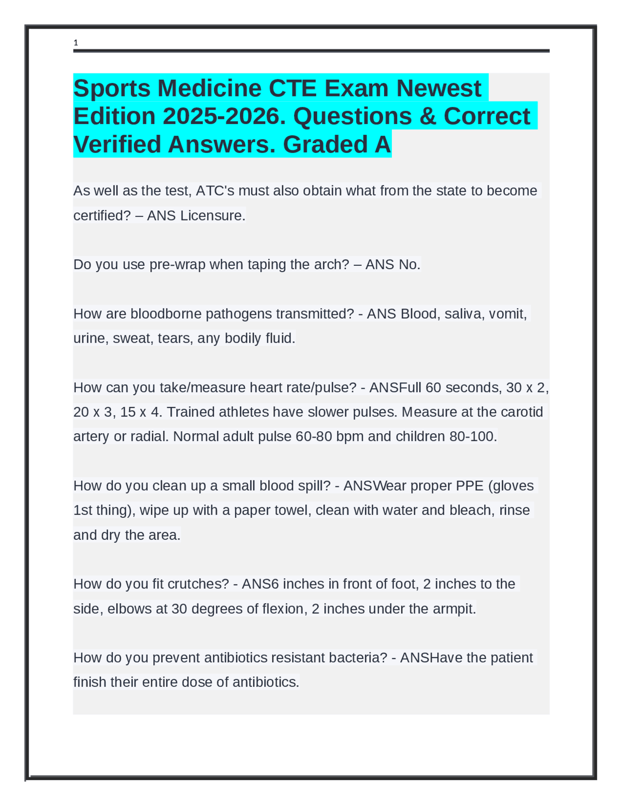 Sports Medicine CTE Exam Newest Edition 2025-2026. Questions & Correct ...