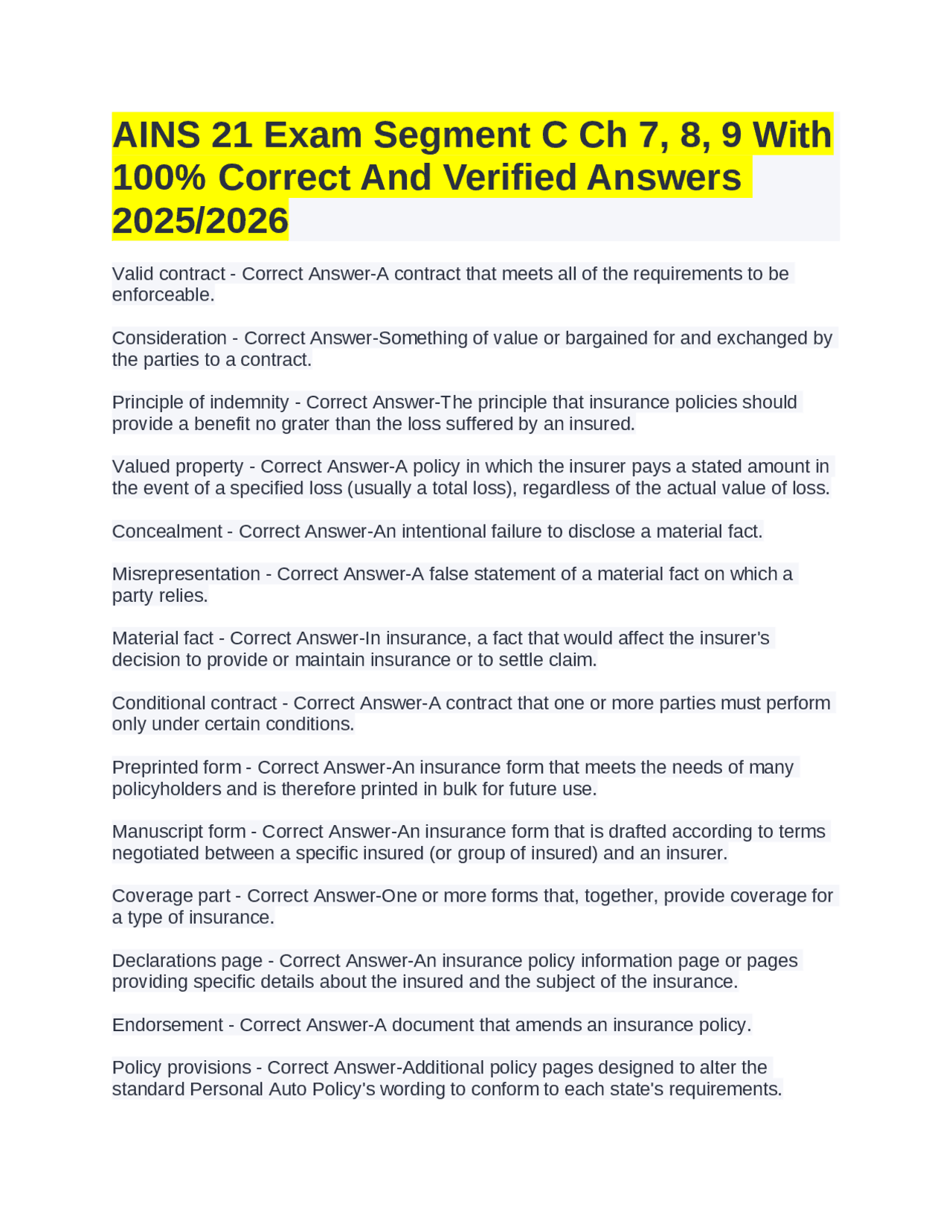 AINS 21 Exam Segment C Ch 7, 8, 9 With 100% Correct And Verified Answers 2025/2026 | Exams ...