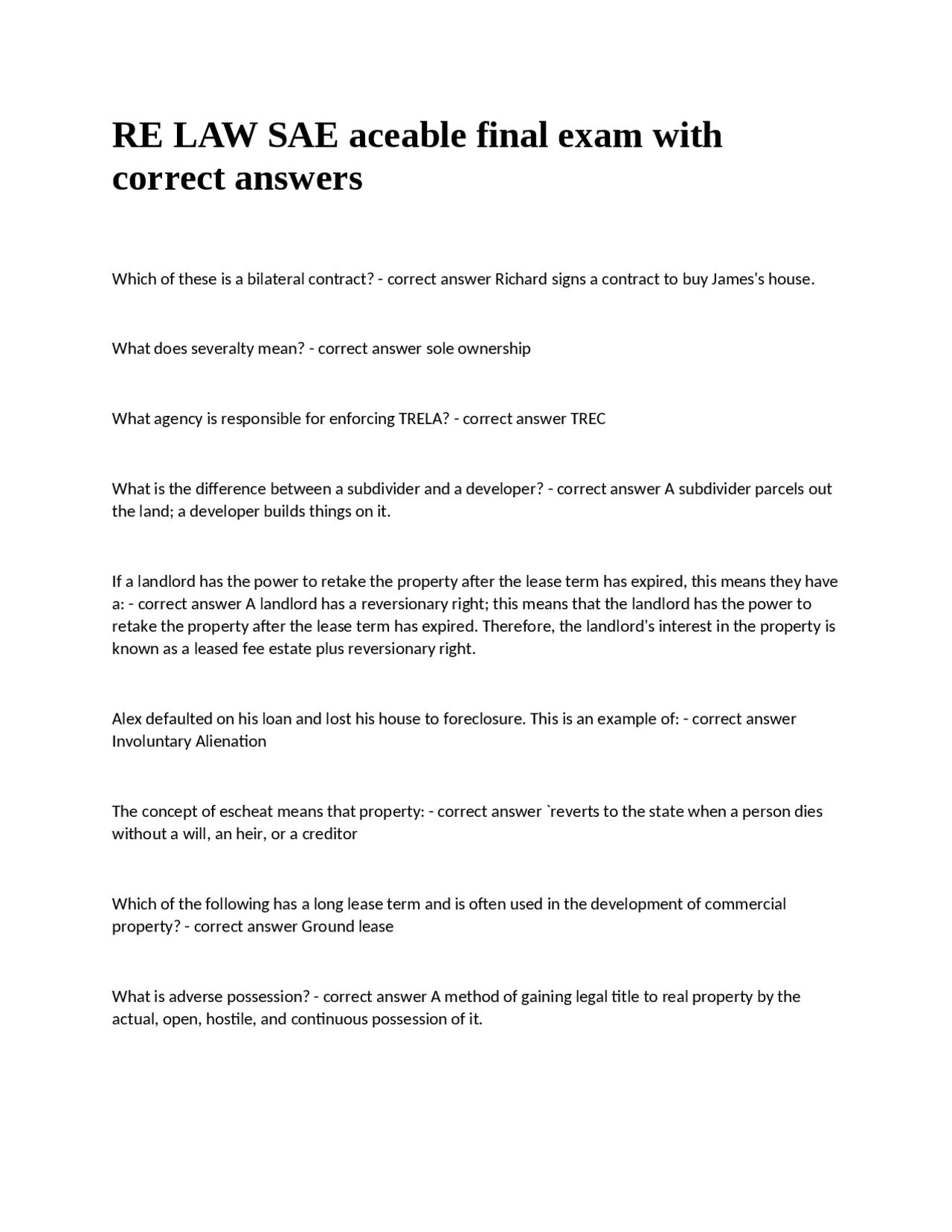 RE LAW SAE aceable final exam with correct answers | Exams Nursing ...