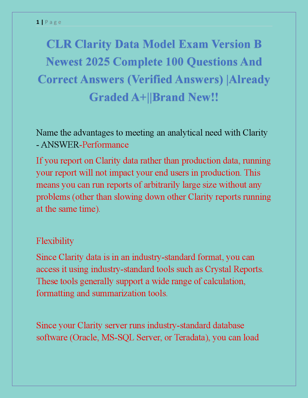 CLR Clarity Data Model Exam Version B Newest 2025 Complete 100 ...