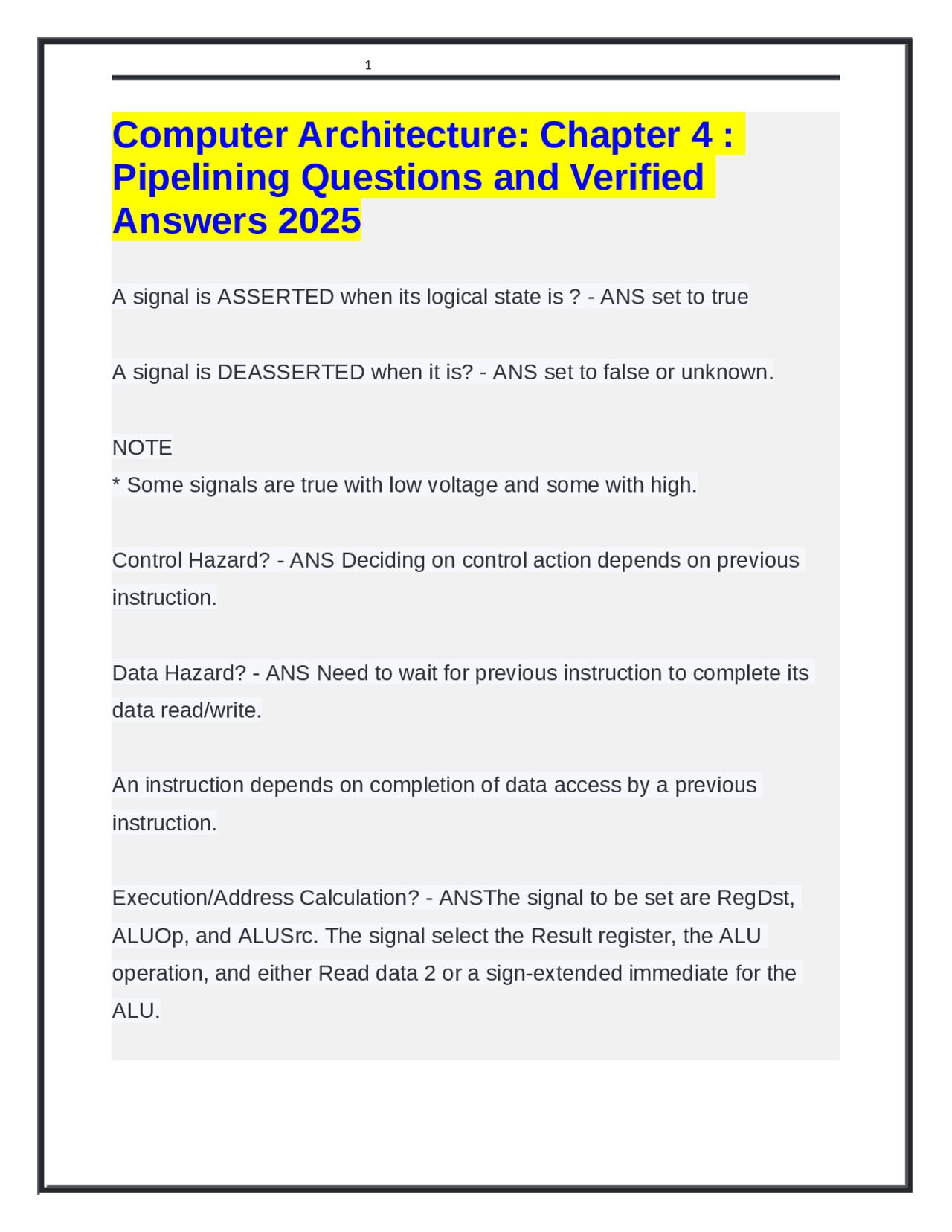 Computer Architecture: Chapter 4 : Pipelining Questions and Verified Answers 2025 | Exams ...