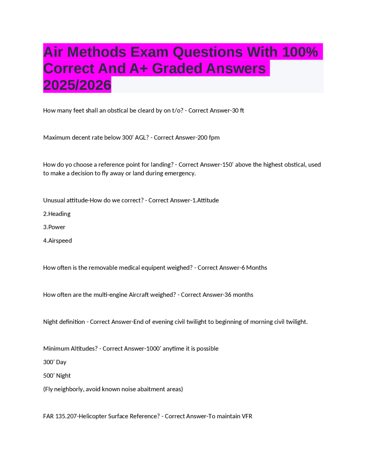 Air Methods Exam Questions With 100% Correct And A+ Graded Answers 2025 ...