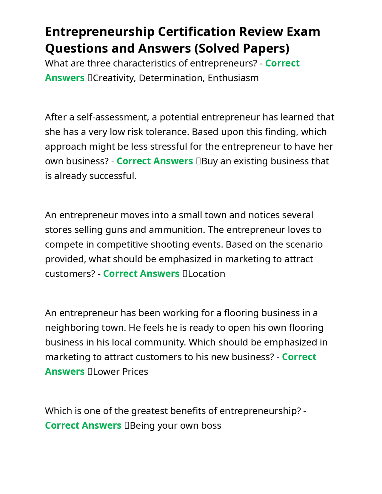 Entrepreneurship Certification Review Exam Questions and Answers ...