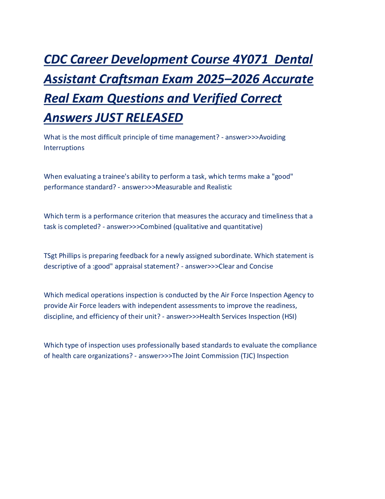 CDC Career Development Course 4Y071 Dental Assistant Craftsman Exam ...